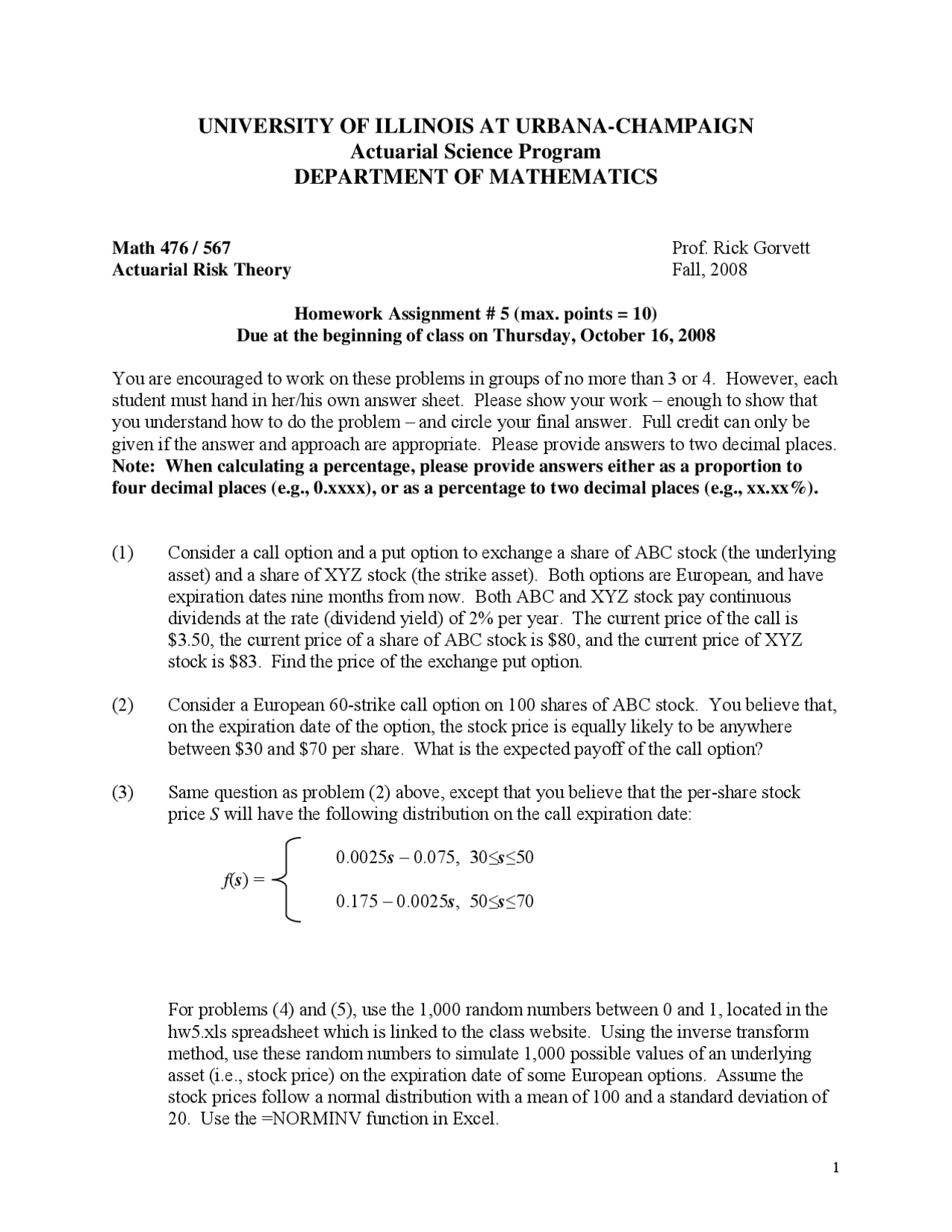 10 Homework Assignment Problems On Actuarial Risk Theory Math 476