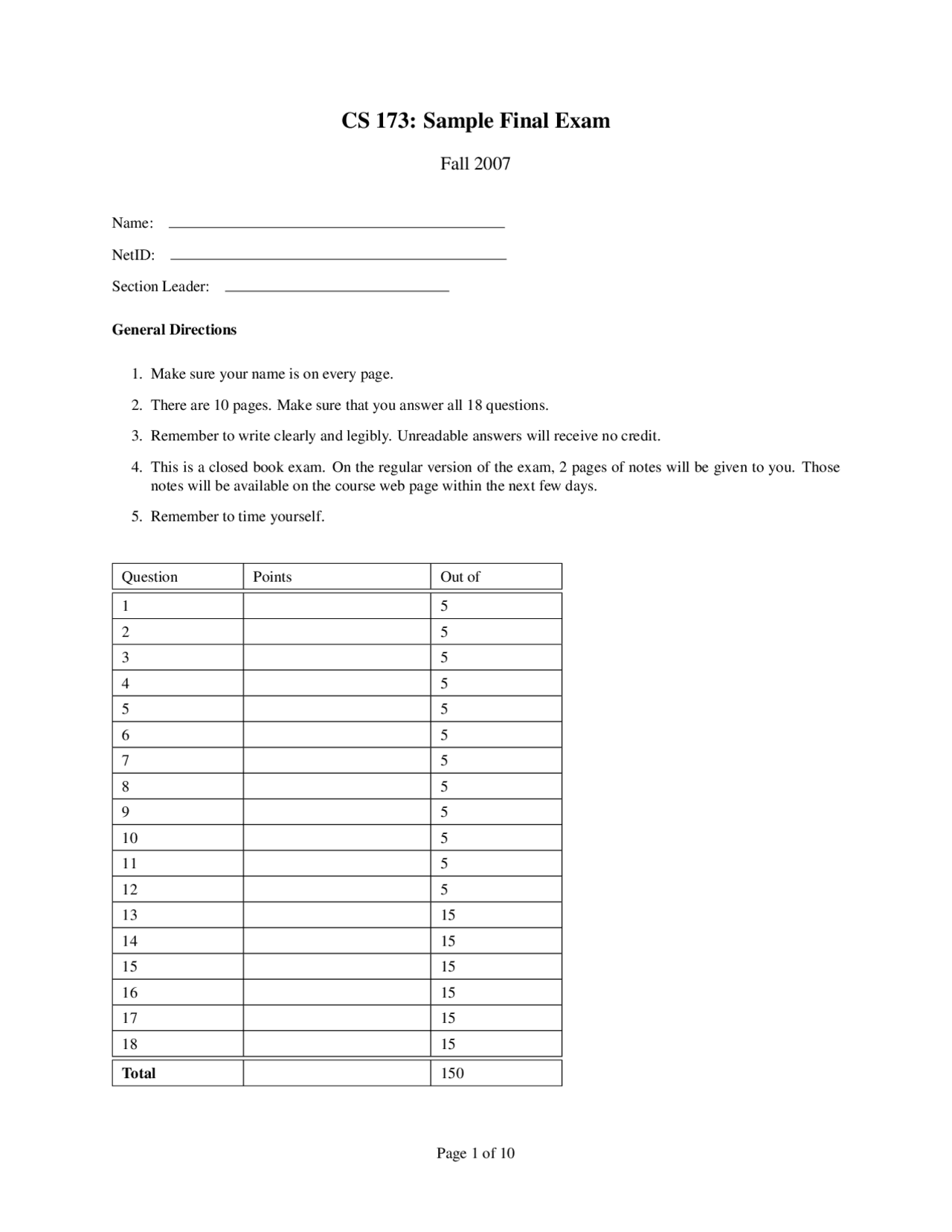 Sample Final Exam Discrete Structures Cs 173 Exams Discrete