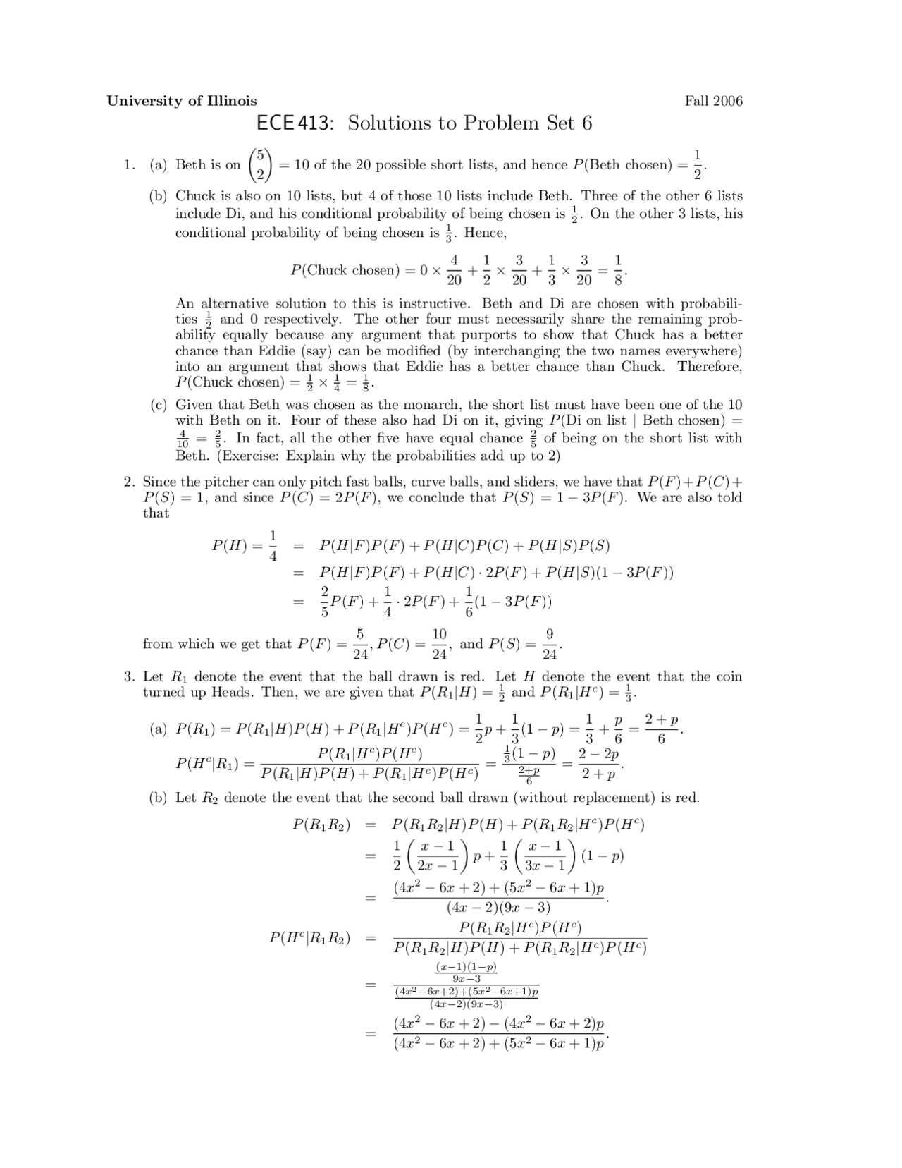 Probability with Engineering Applications - Solutions to Problem Set 6 | ECE 313 - Docsity