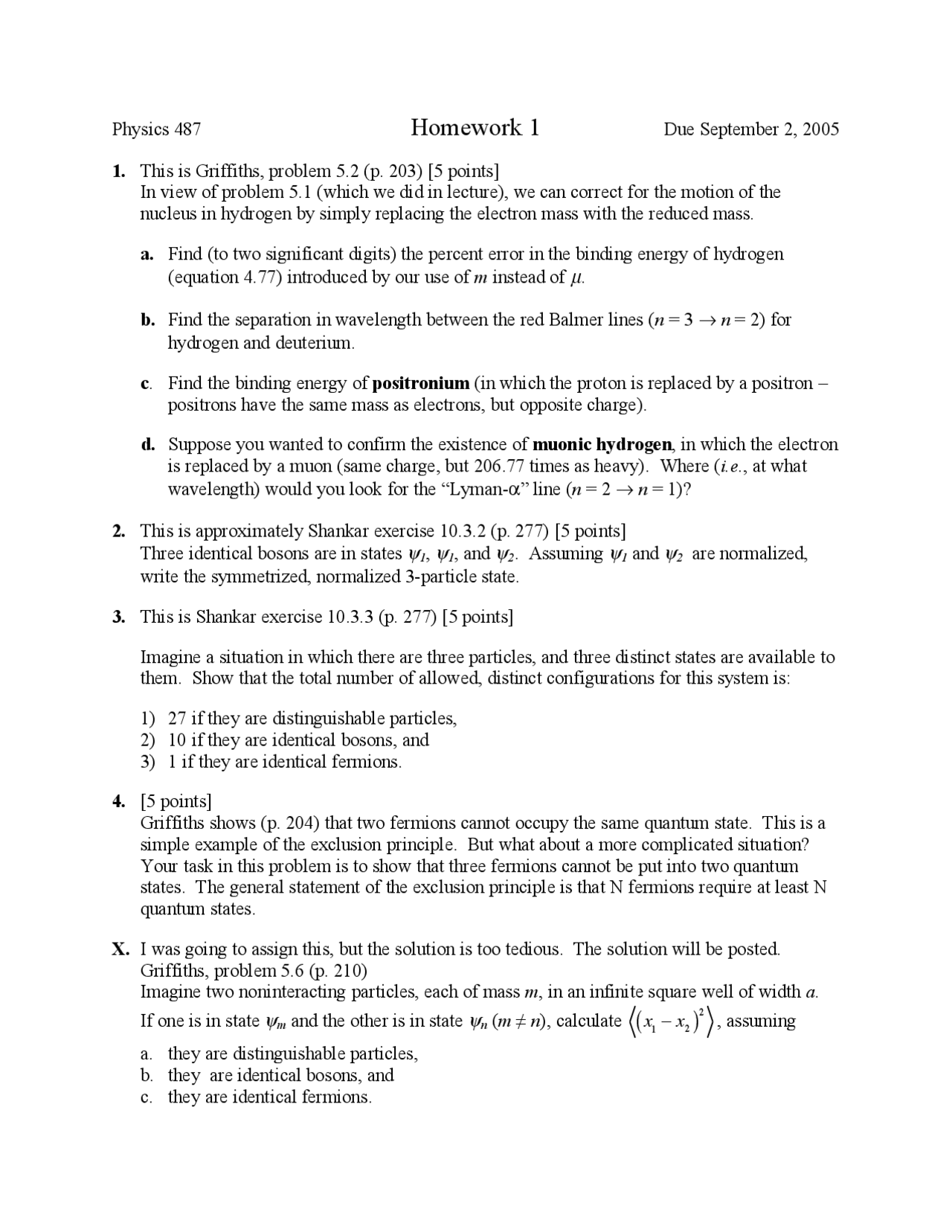 4 Practice Problems On Quantum Physics Ii Homework 1 Phys 487 Docsity