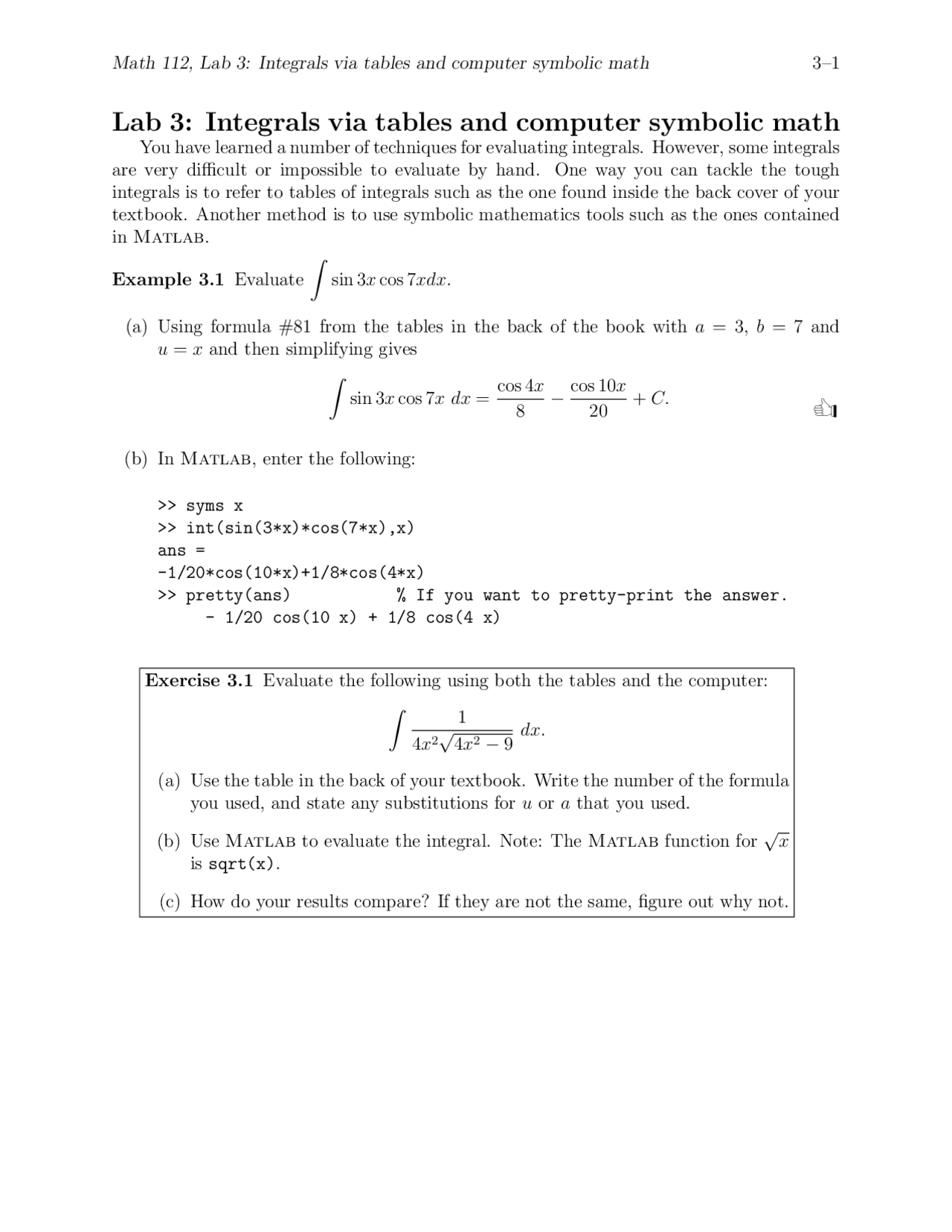 Lab - Integrals via Tables and Computer Symbolic System - Calculus II | MATH 112 - Docsity