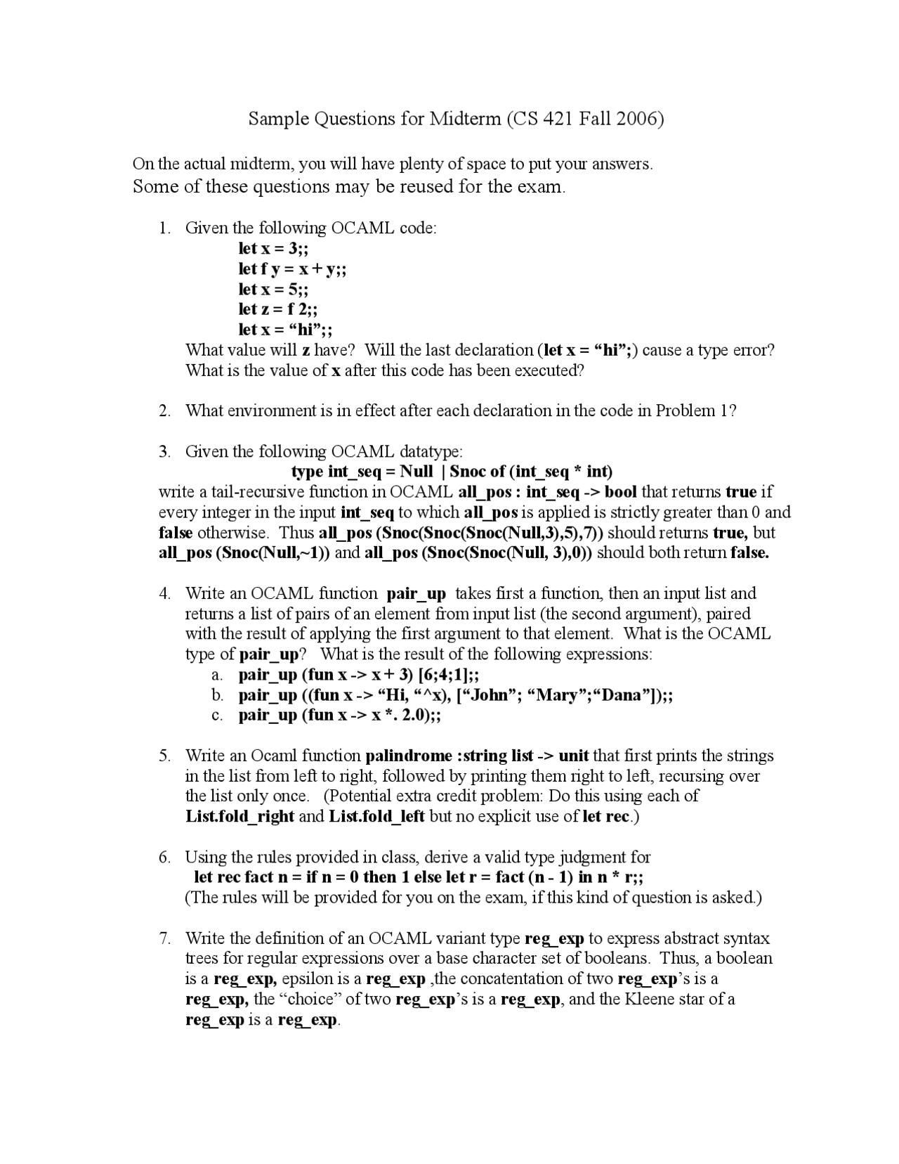 Sample Questions for Midterm (CS 421 Fall 2006) | Exams Computer Science | Docsity