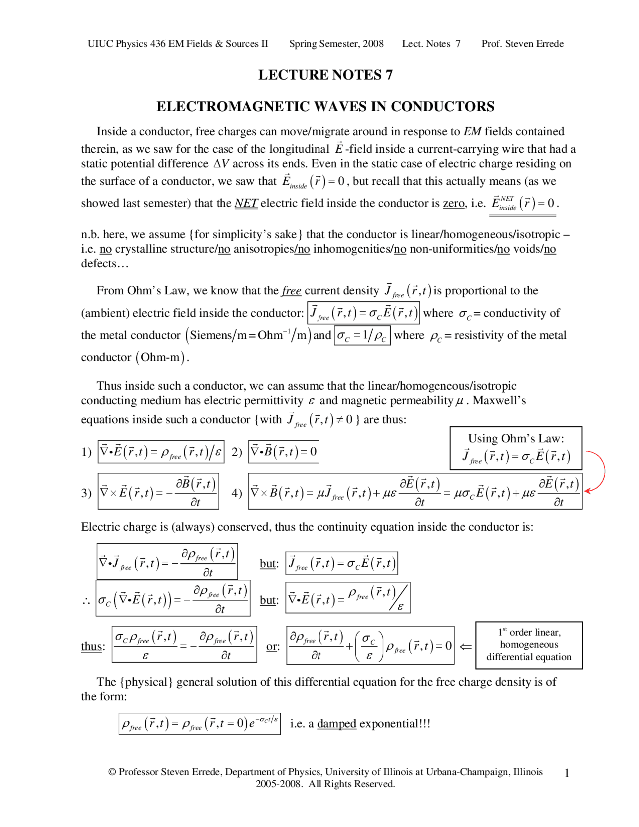 Electromagnetic Waves In Conductors Lecture Notes Phys 436 Docsity
