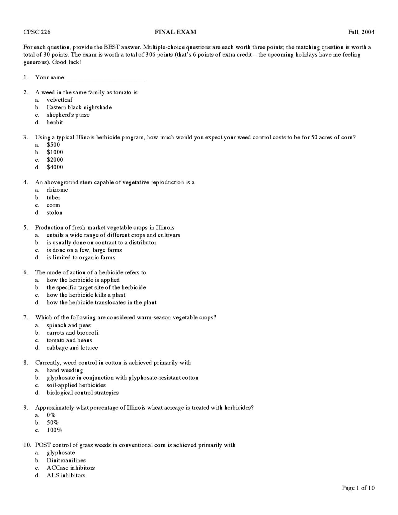 93 Multiple Choice Questions On Weed Sciences Final Exam Cpsc 226