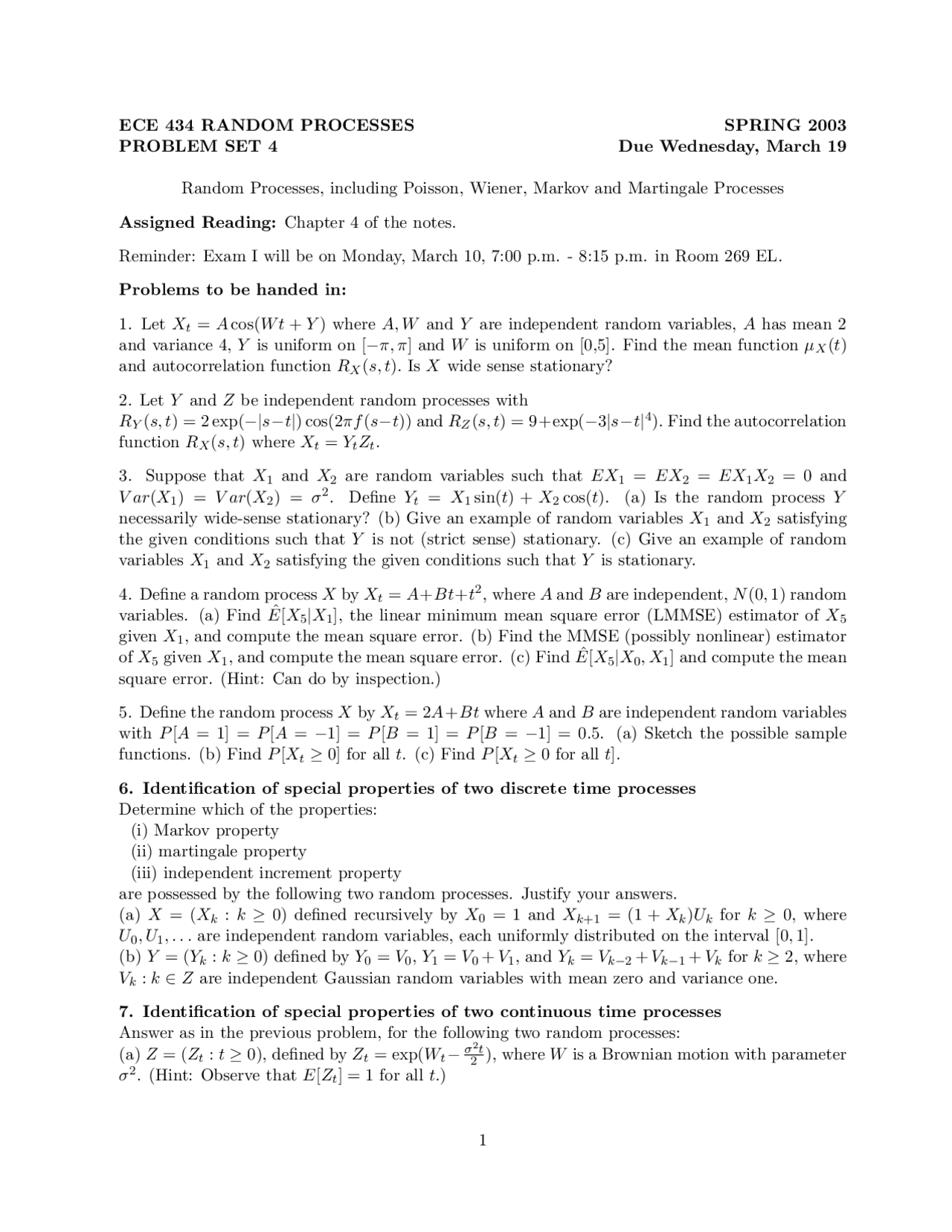 Problem Set 4 Random Processes Spring 2003 Ece 534 Docsity