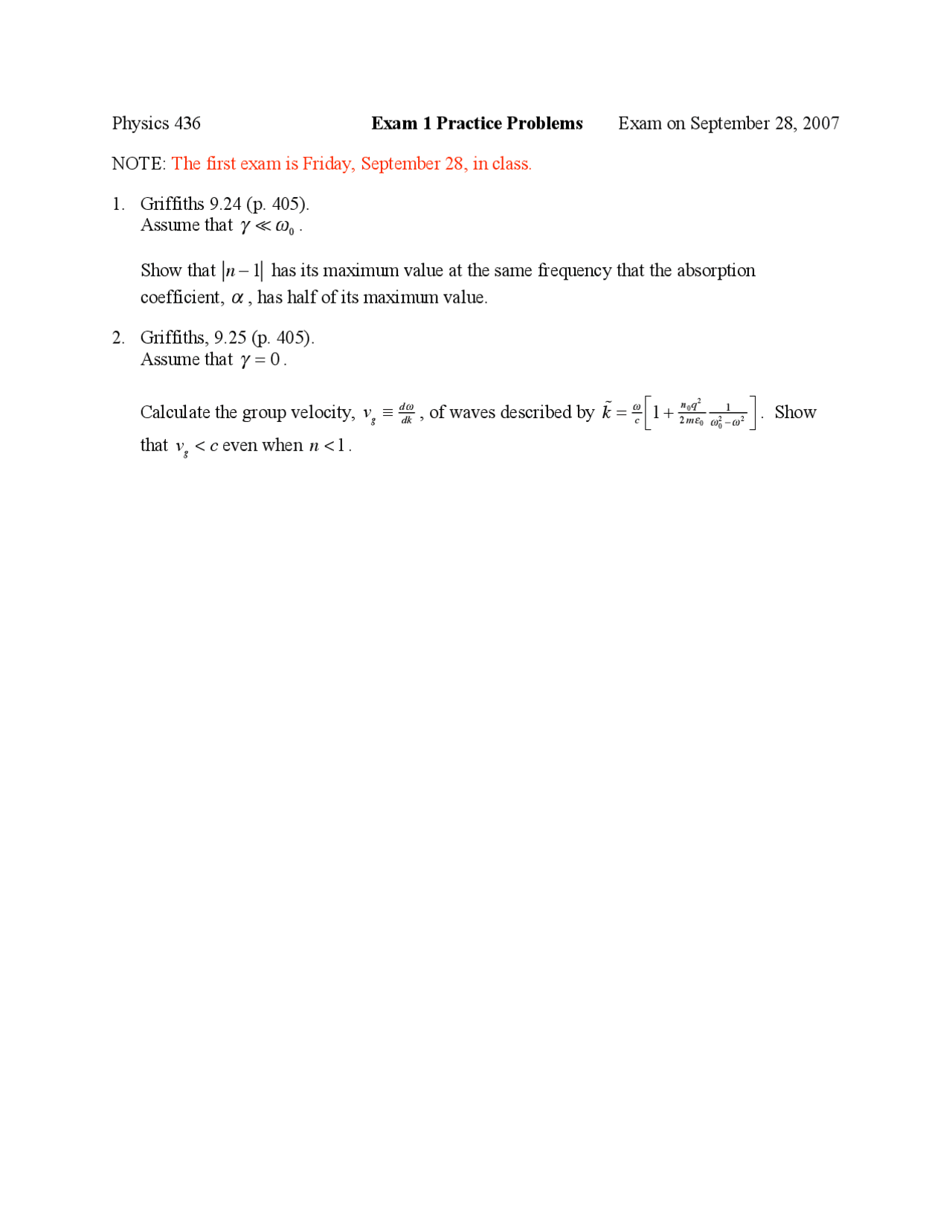 Exam 1 Practice Problems Electromagnetic Fields Ii Phys 436 Docsity