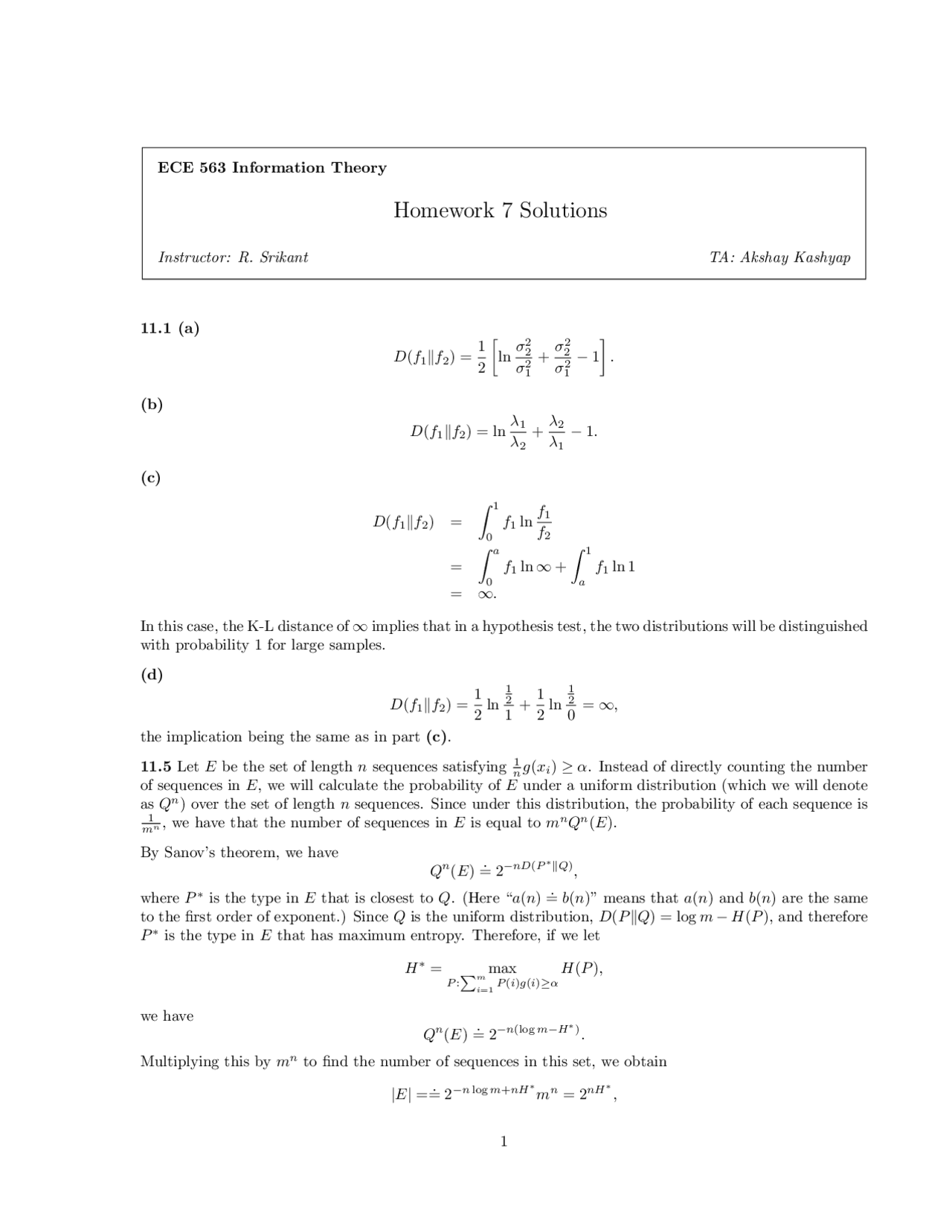 Homework 7 Solutions Information Theory Ece 563 Docsity