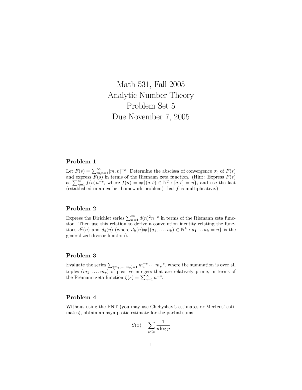 5 Problems On Riemann Zeta Functions In Analytic Theory Assignment 5