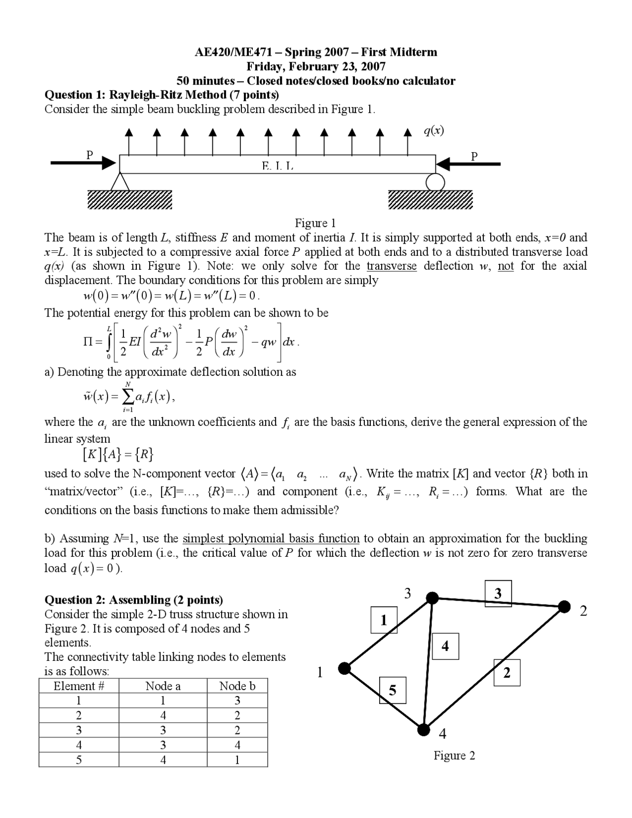 3 Questions On Finite Element Analysis Midterm Exam 1 Ae 420 Docsity