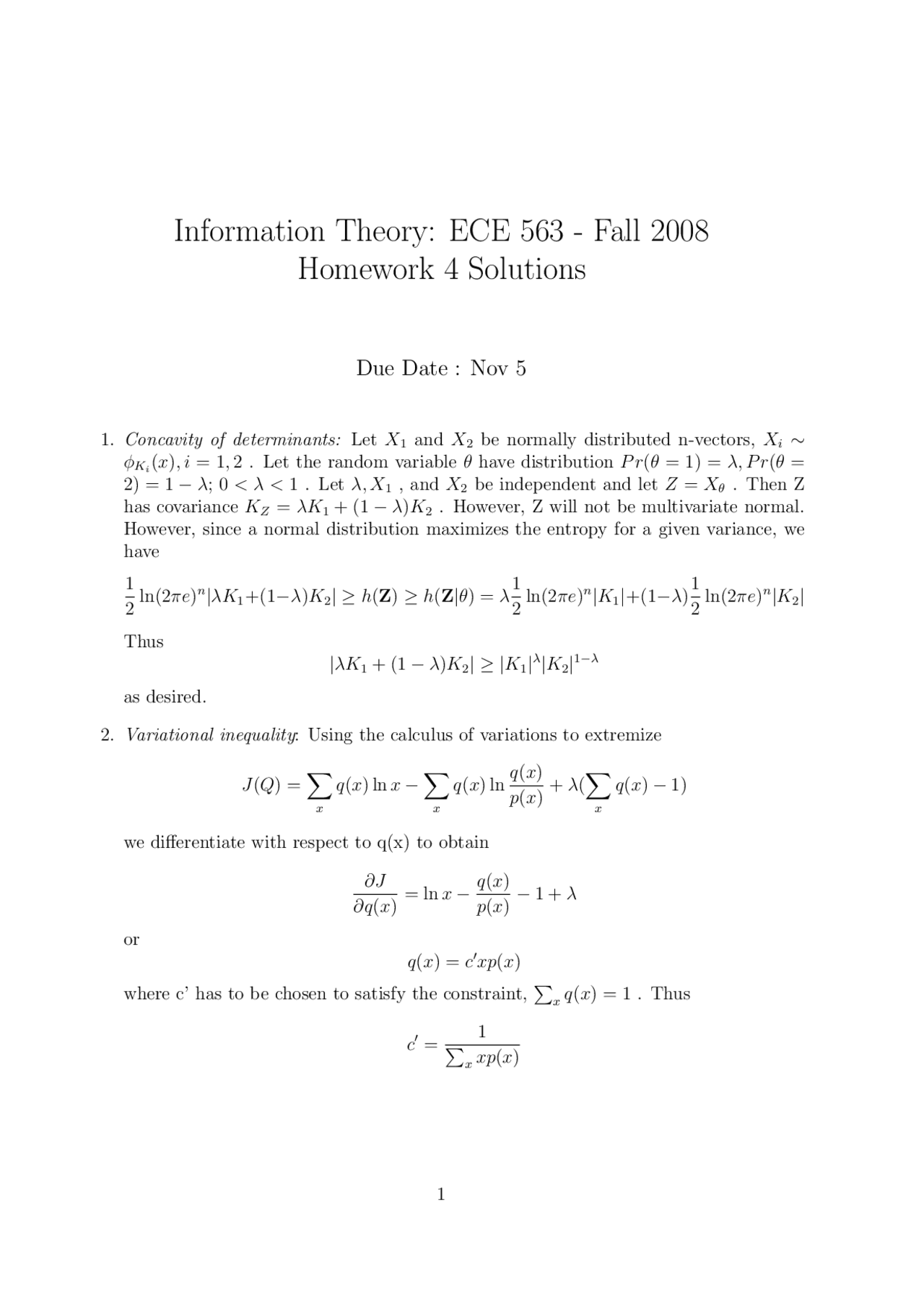 Information Theory Homework 4 Solutions Ece 563 Docsity