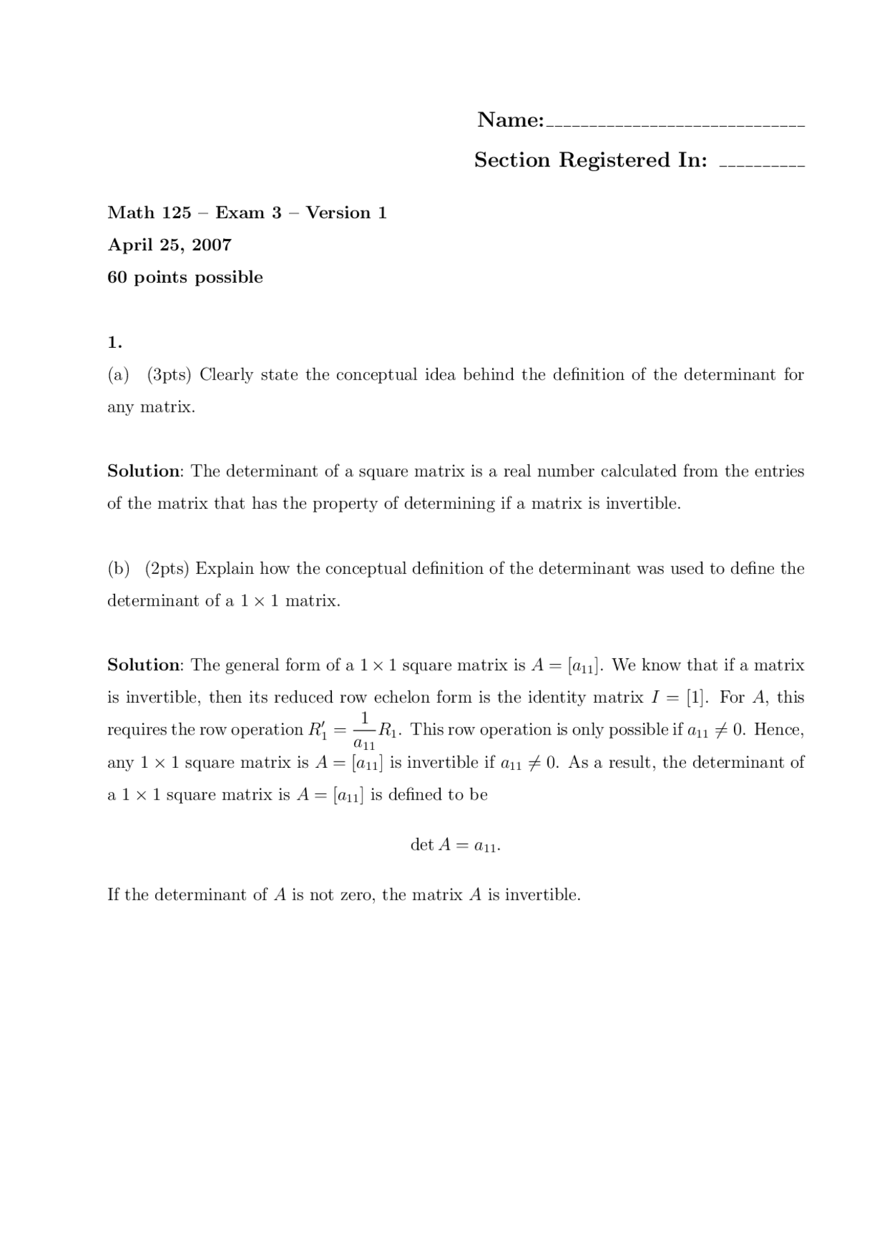 9 Questions on Elementary Linear Algebra with Solution - Exam | MATH ...
