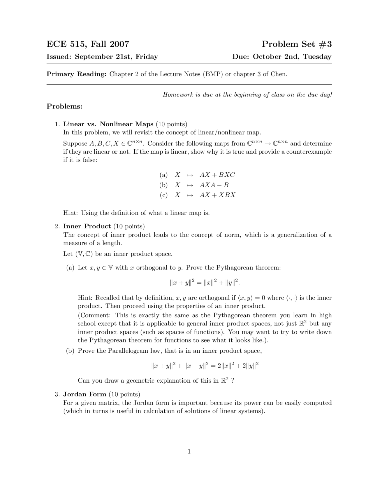 Problem Set 3 - Control System Theory and Design | ECE 515 - Docsity