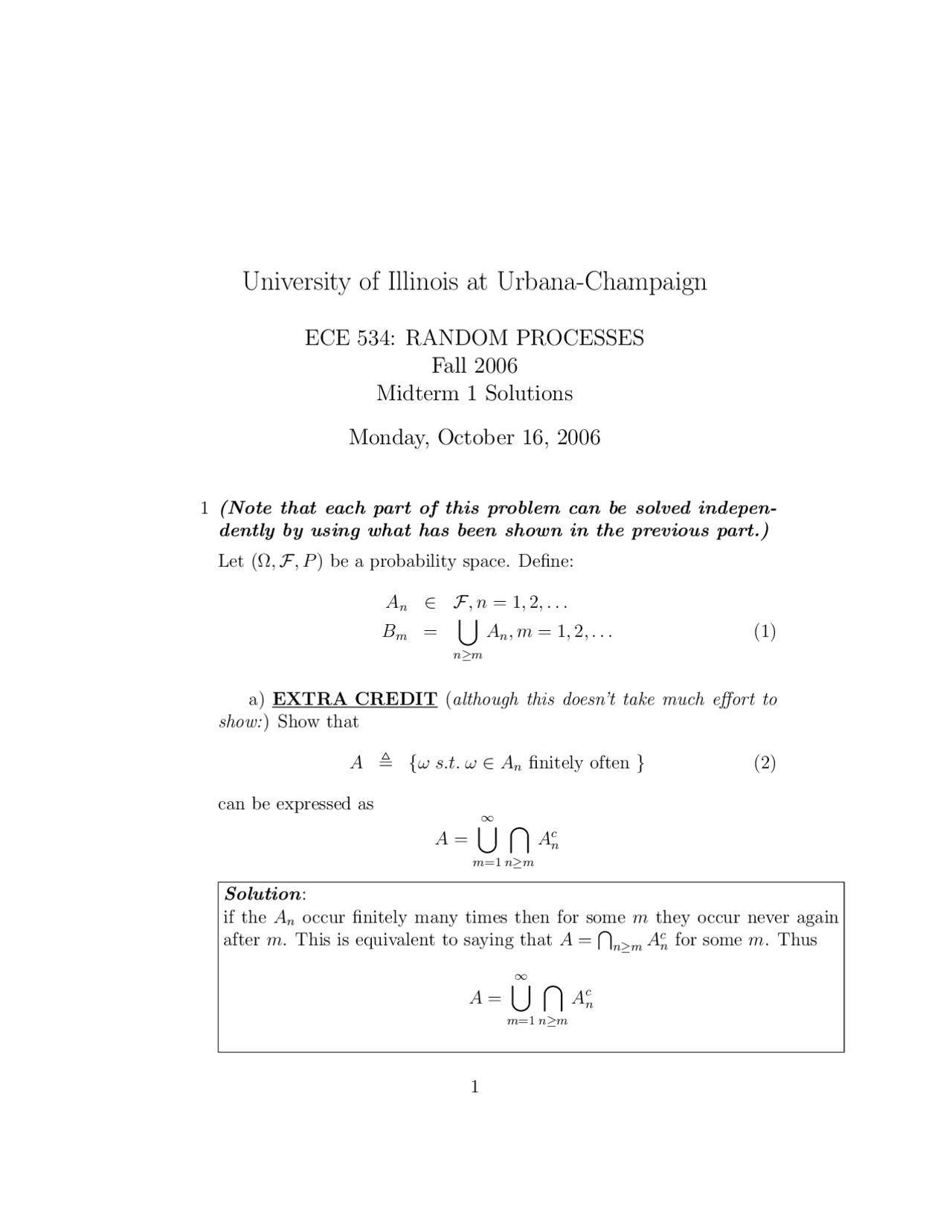 Midterm Exam 1 Solutions Random Processes Ece 534 Docsity