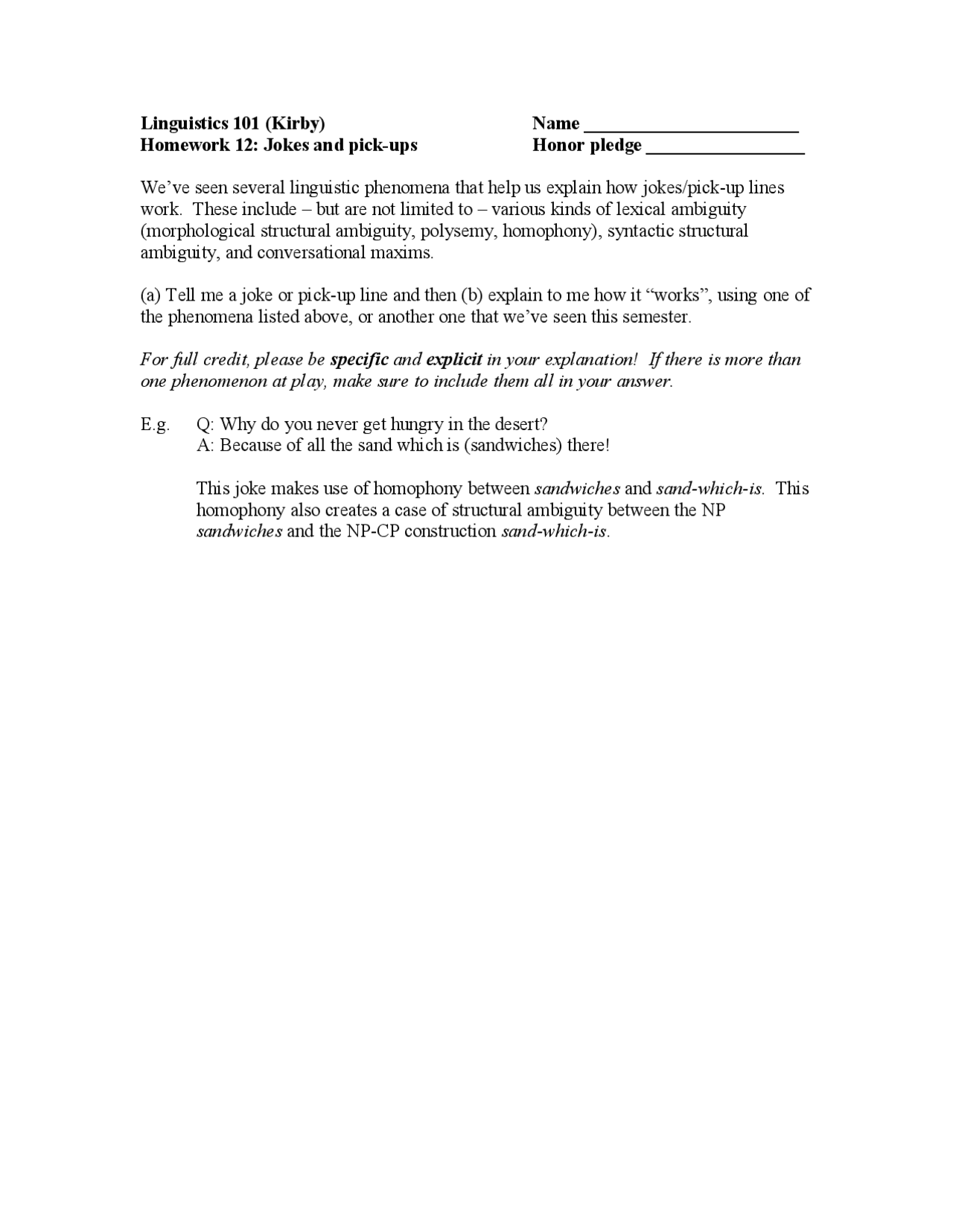 Assignment 12 Jokes and Picks ups - Introduction to Language | LING 101 - Docsity