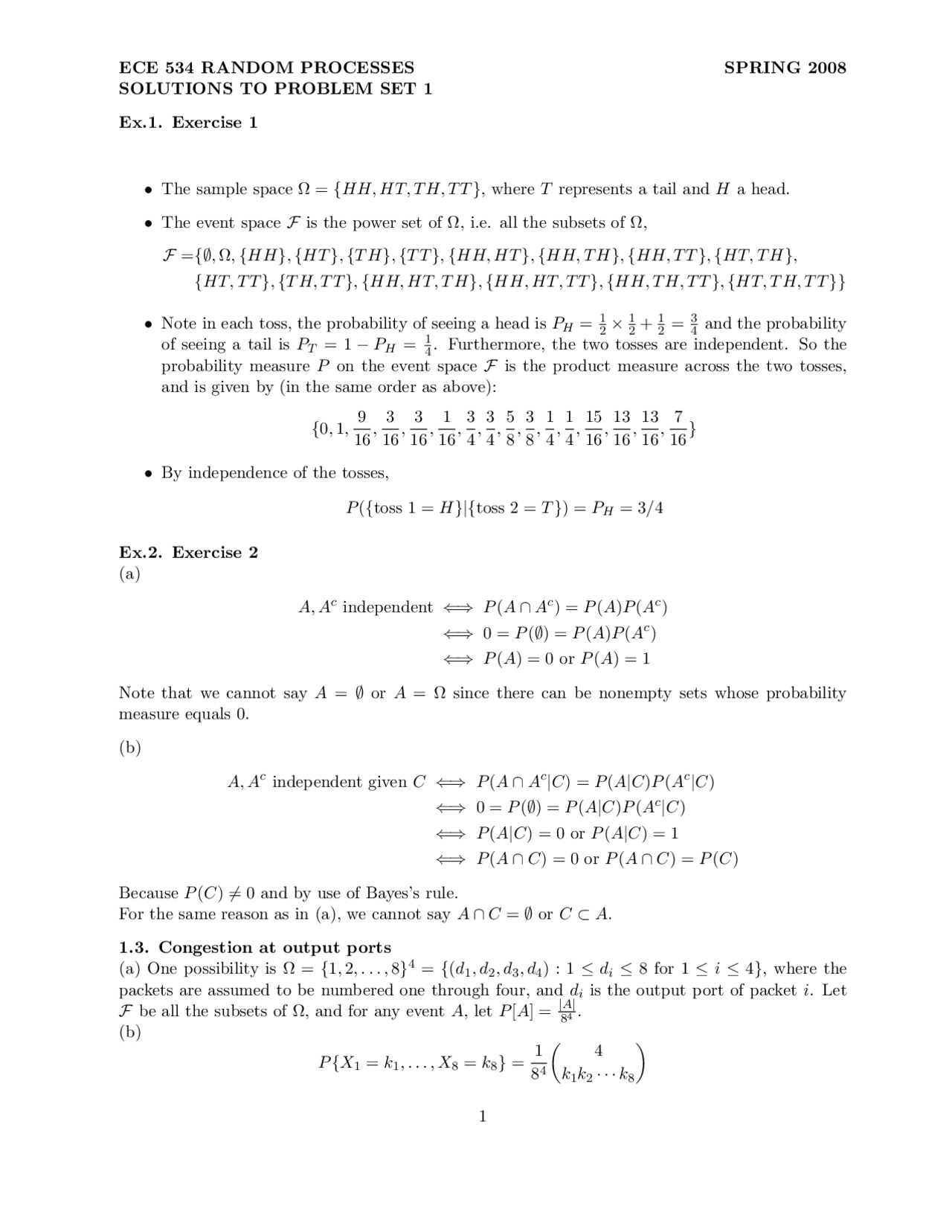 Solutions to Problem Set 1 - Random Processes | ECE 534 | Assignments Electrical and Electronics ...