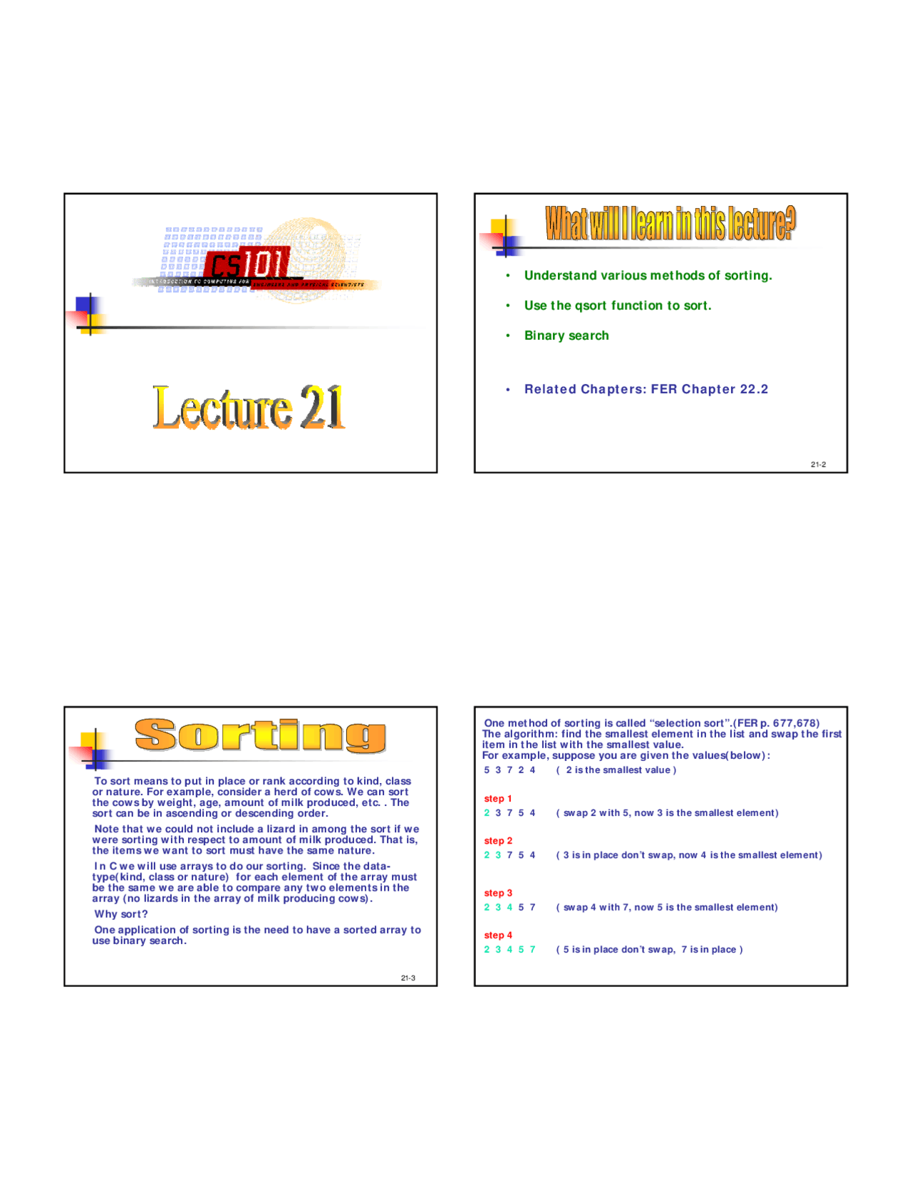 Various Methods Of Sorting Binary Search Lecture Slides Cs 101
