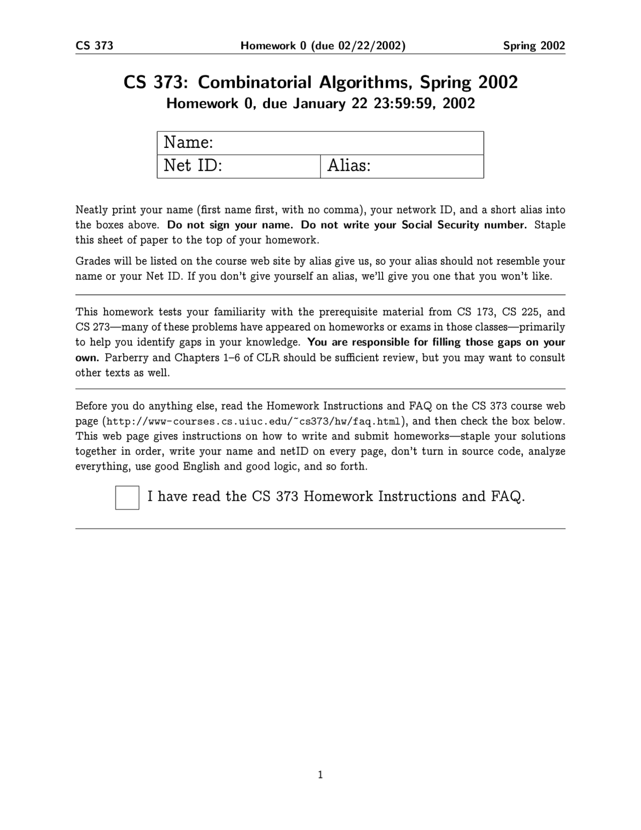 CS 373: Combinatorial Algorithms - Homework 0 Spring 2002 | Assignments Computer Science | Docsity