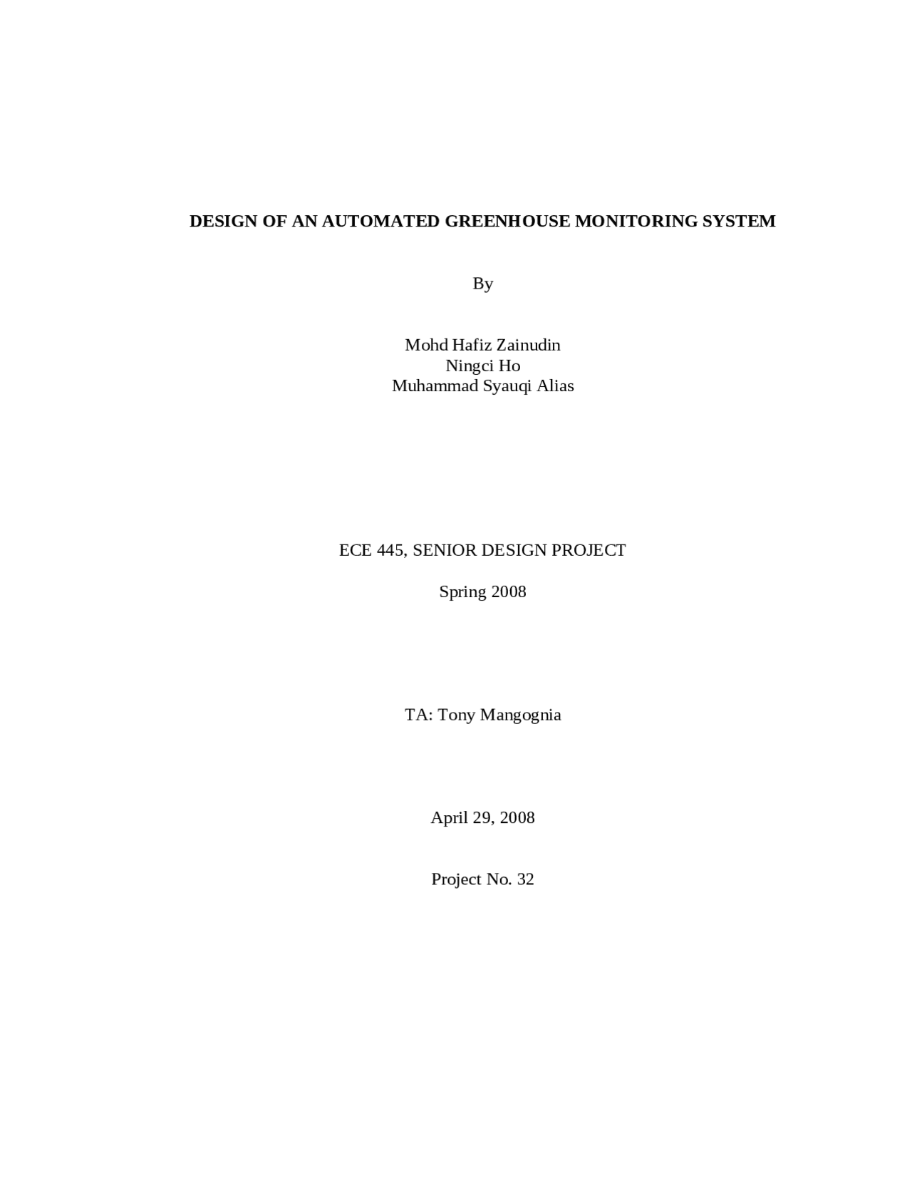 Design of an Automated Greenhouse Monitoring System | ECE 445 - Docsity