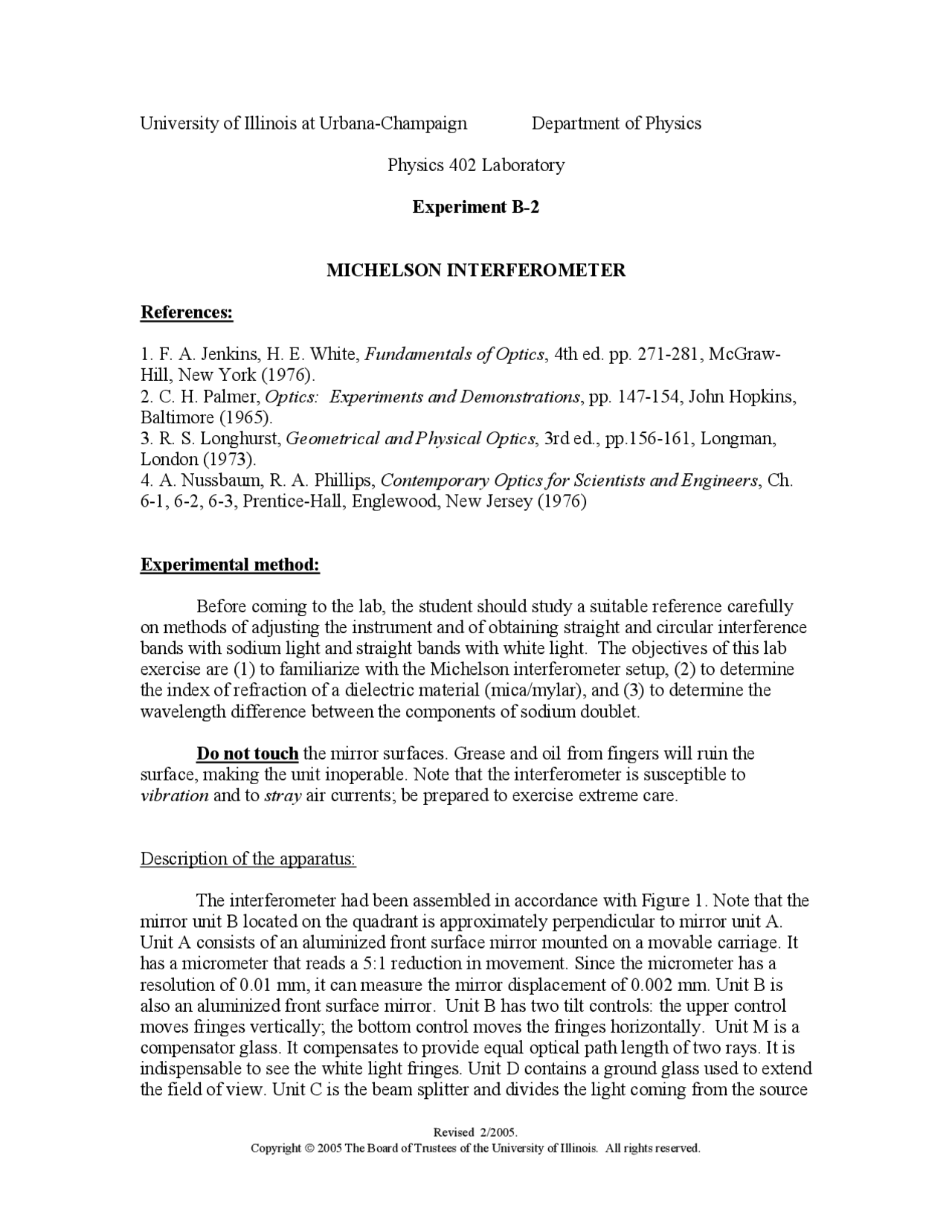 Michelson Interferometer of Light - Lecture Slides | PHYS 402 - Docsity