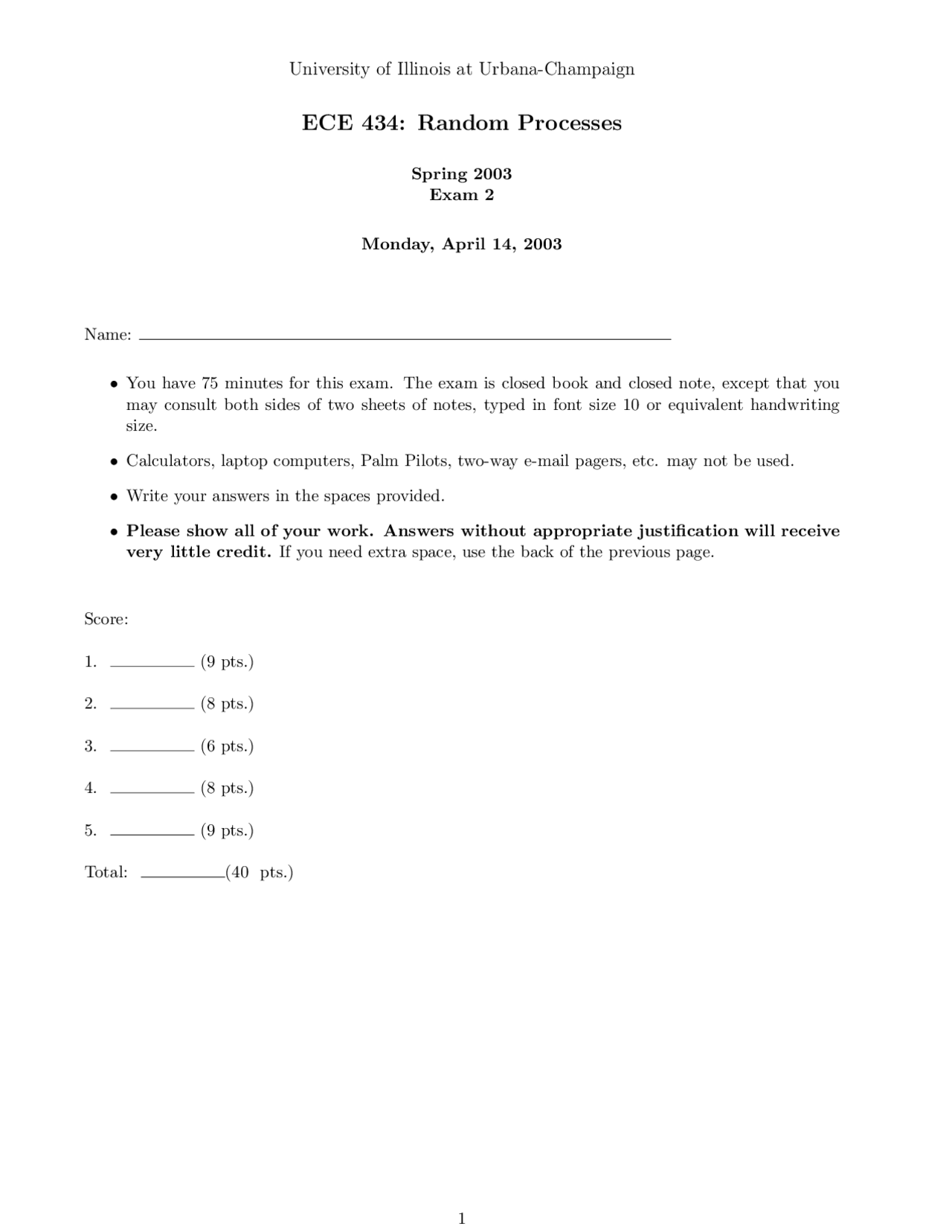 Exam 2 For Random Processes Spring 2003 Ece 534 Docsity