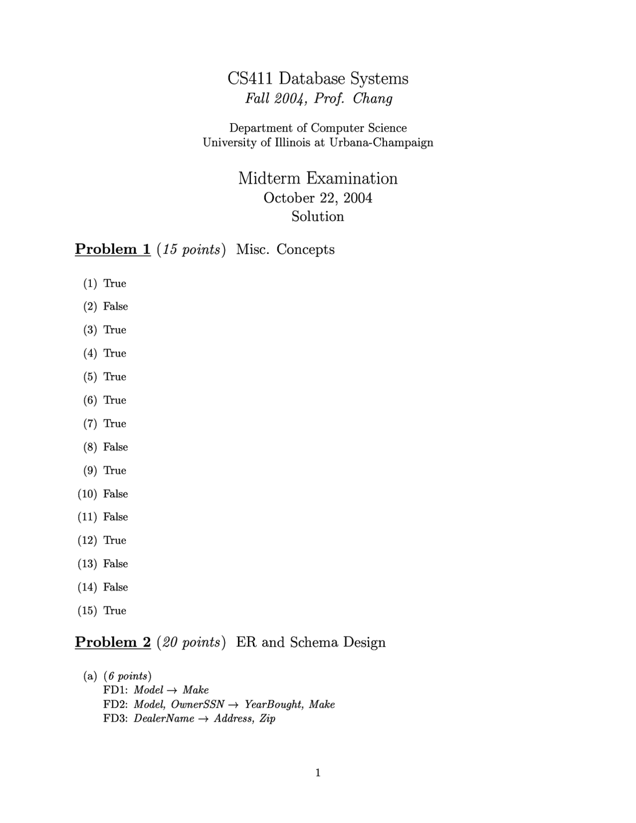Midterm Examination Answer Key Database Systems Cs 411 Docsity