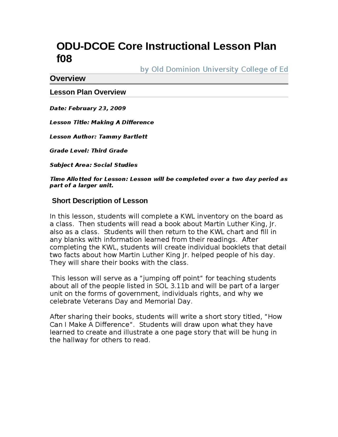 ODU DCOE Core Instructional Lesson Plan - Assignment | ECI 435 ...