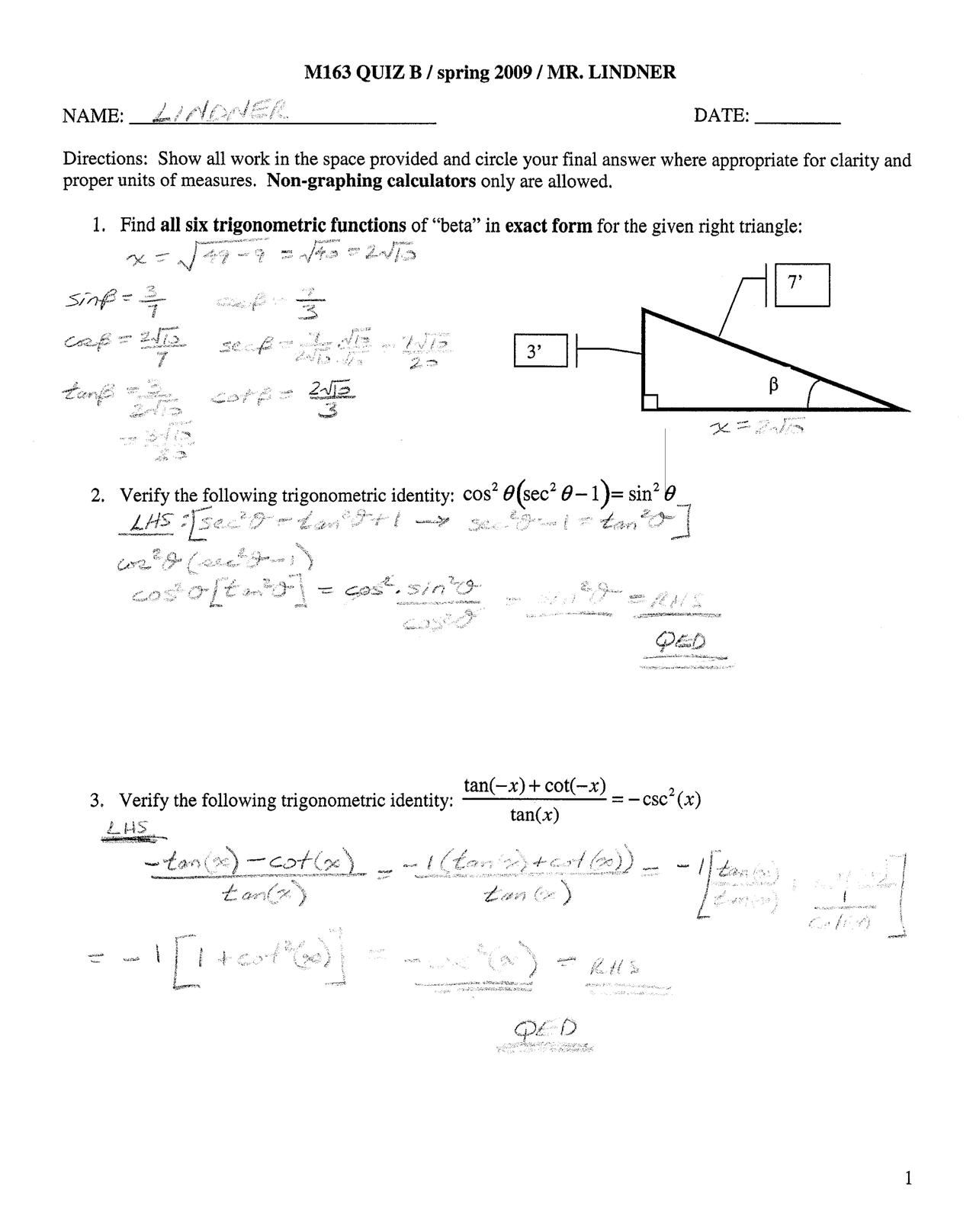 Trigonometric Functions and Identities - Line Break - Quiz key. | MATH ...