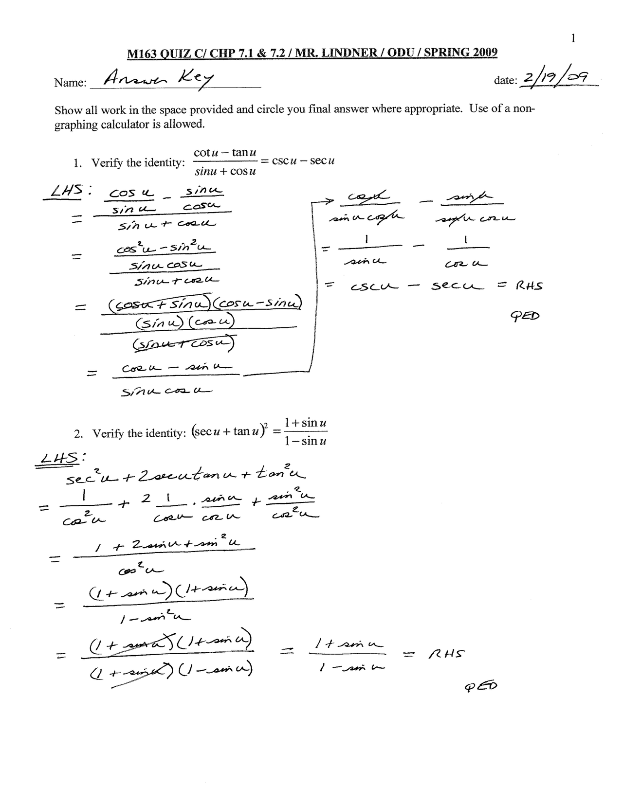 Trigonometric Identifications And Functions Quiz C Key Math 163