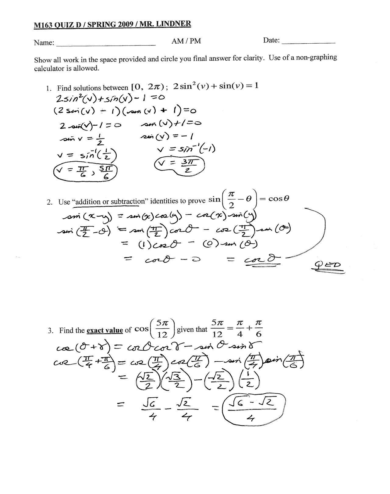 Trigonometric Identities and Functions - Quiz D Key | MATH 163 - Docsity