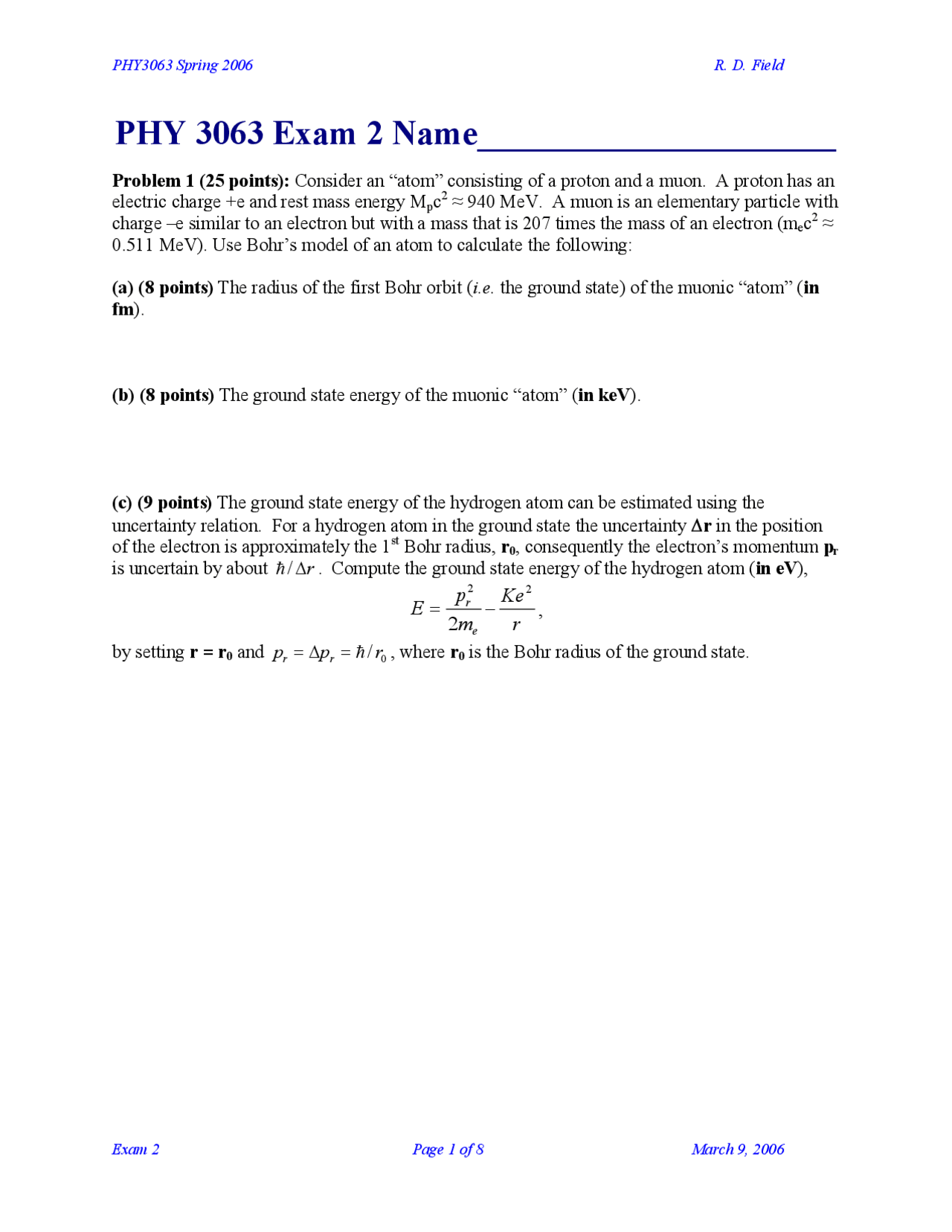 Exam 2 Enriched Modern Physics Spring 2006 Phy 3063 Docsity