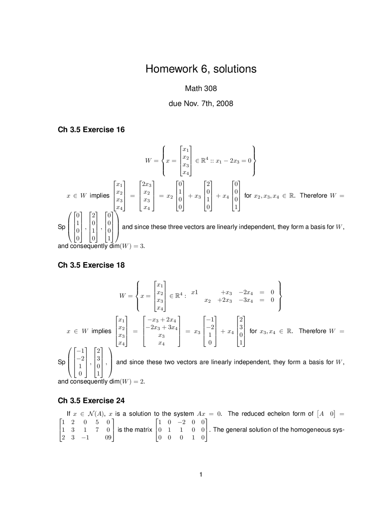 Homework 6 Solutions Matrix Algebra Math 308 Docsity