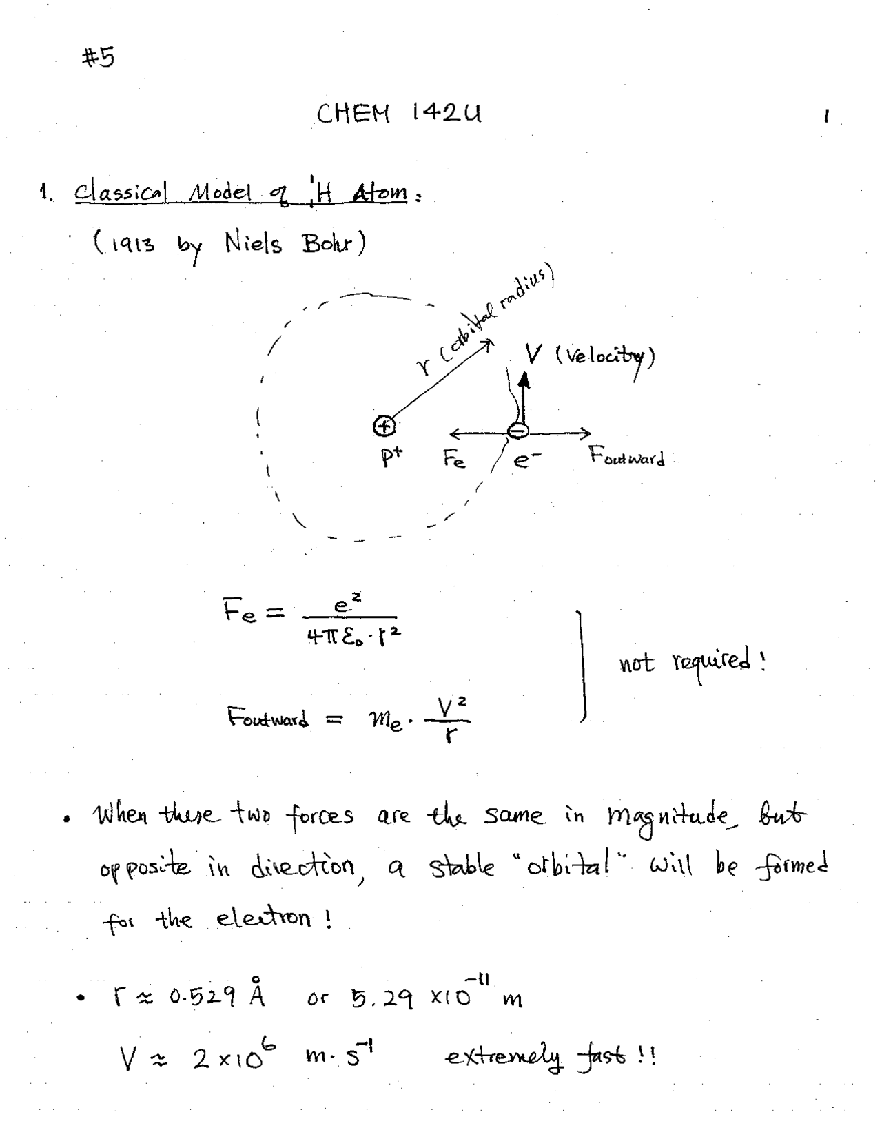 Handwritten Notes on Classical Model of Hydrogen Atom | CHEM 142 - Docsity