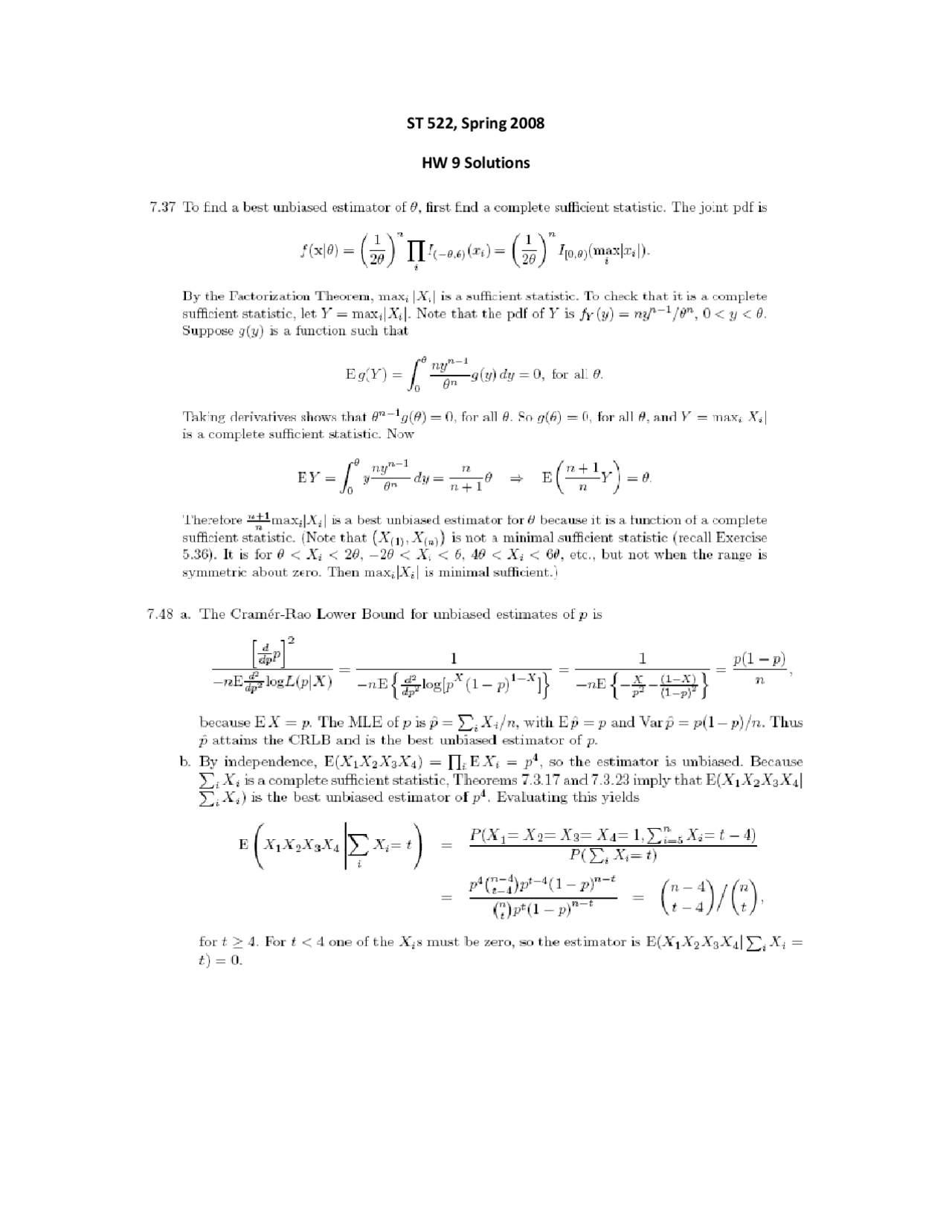 Statistical Theory Ii Homework 9 With Solutions St 522 Docsity
