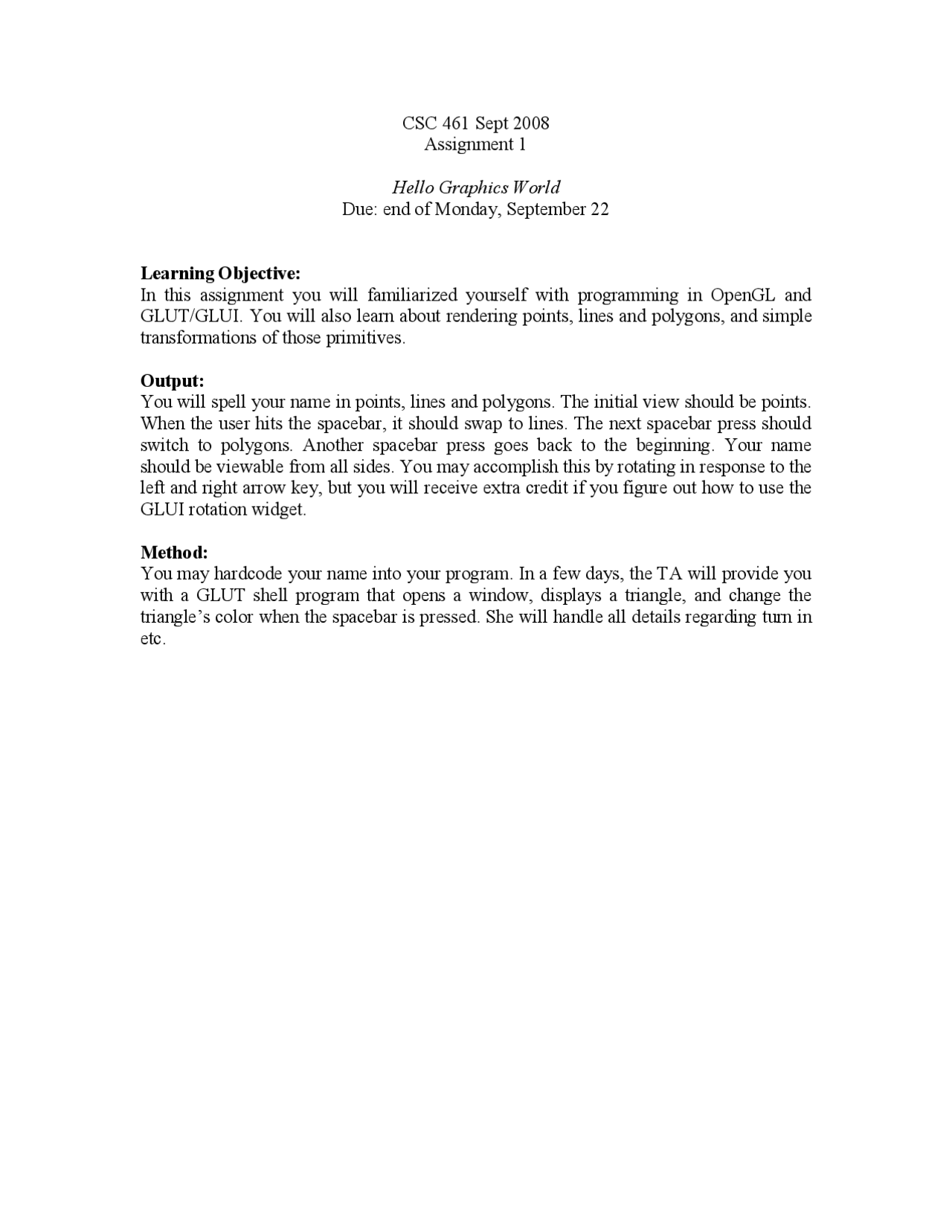 Hello Graphics World - Assignment 1 | CSC 461 - Docsity