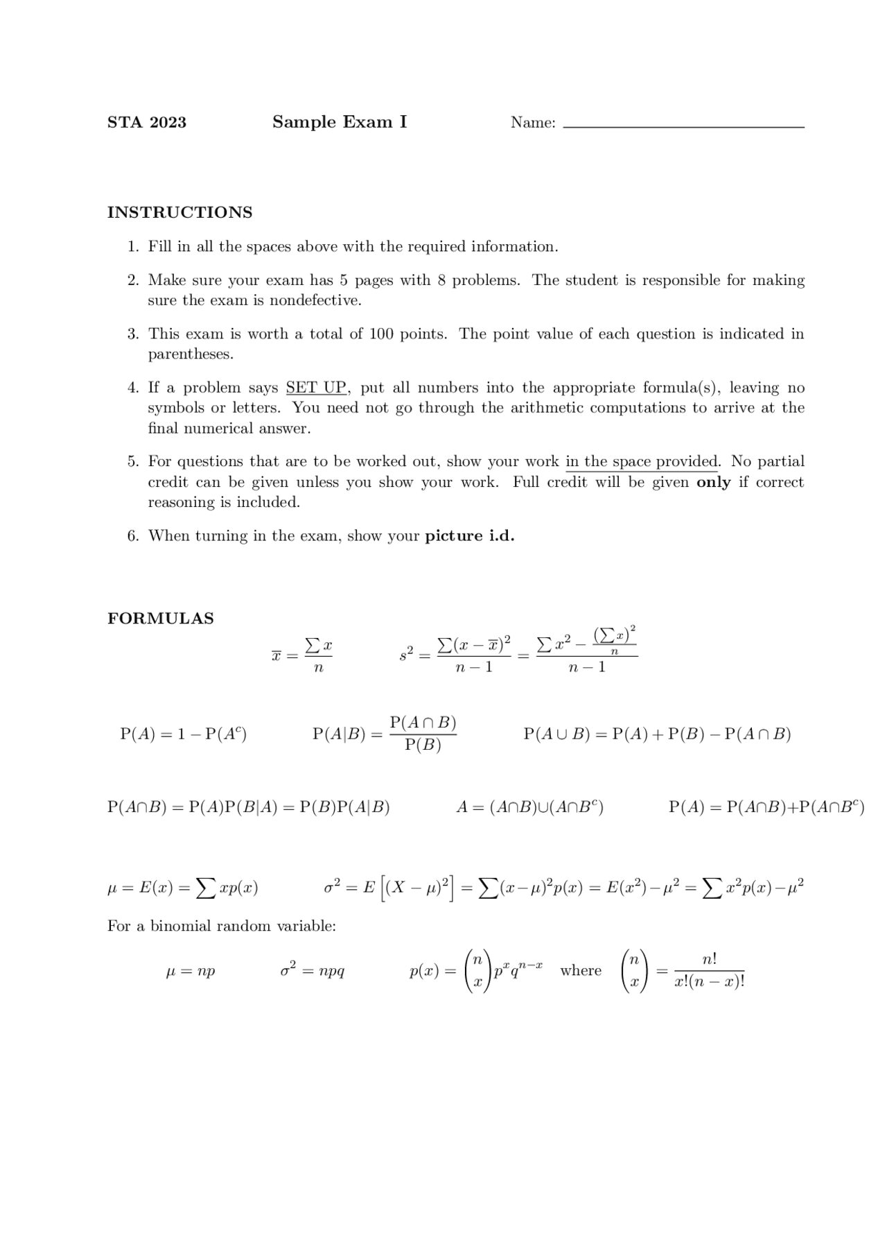 Sample Exam 1 Introduction To Statistics Sta 2023 Docsity