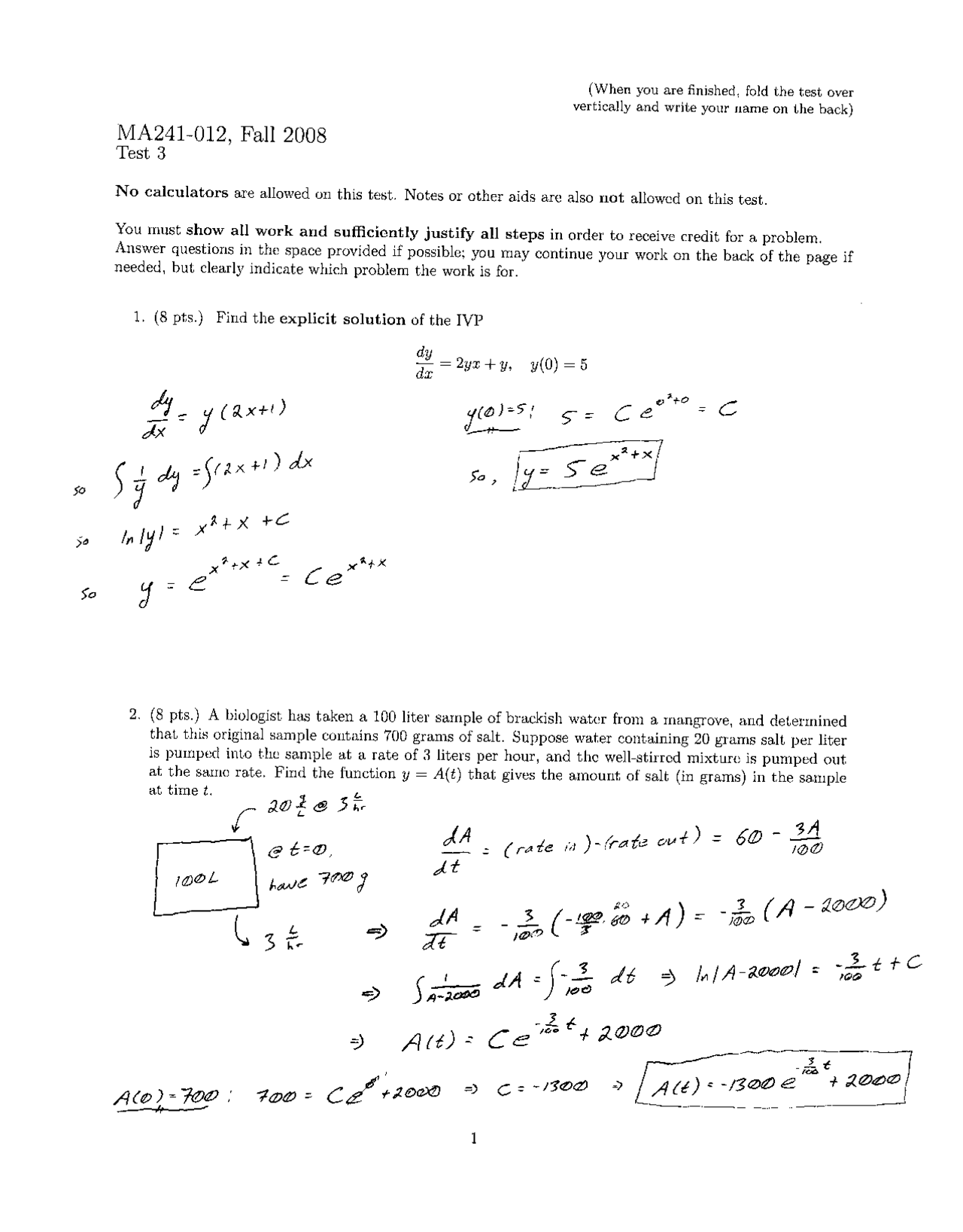 Exam Iii With Answers Calculus Ii Fall 2008 Ma 241 Docsity