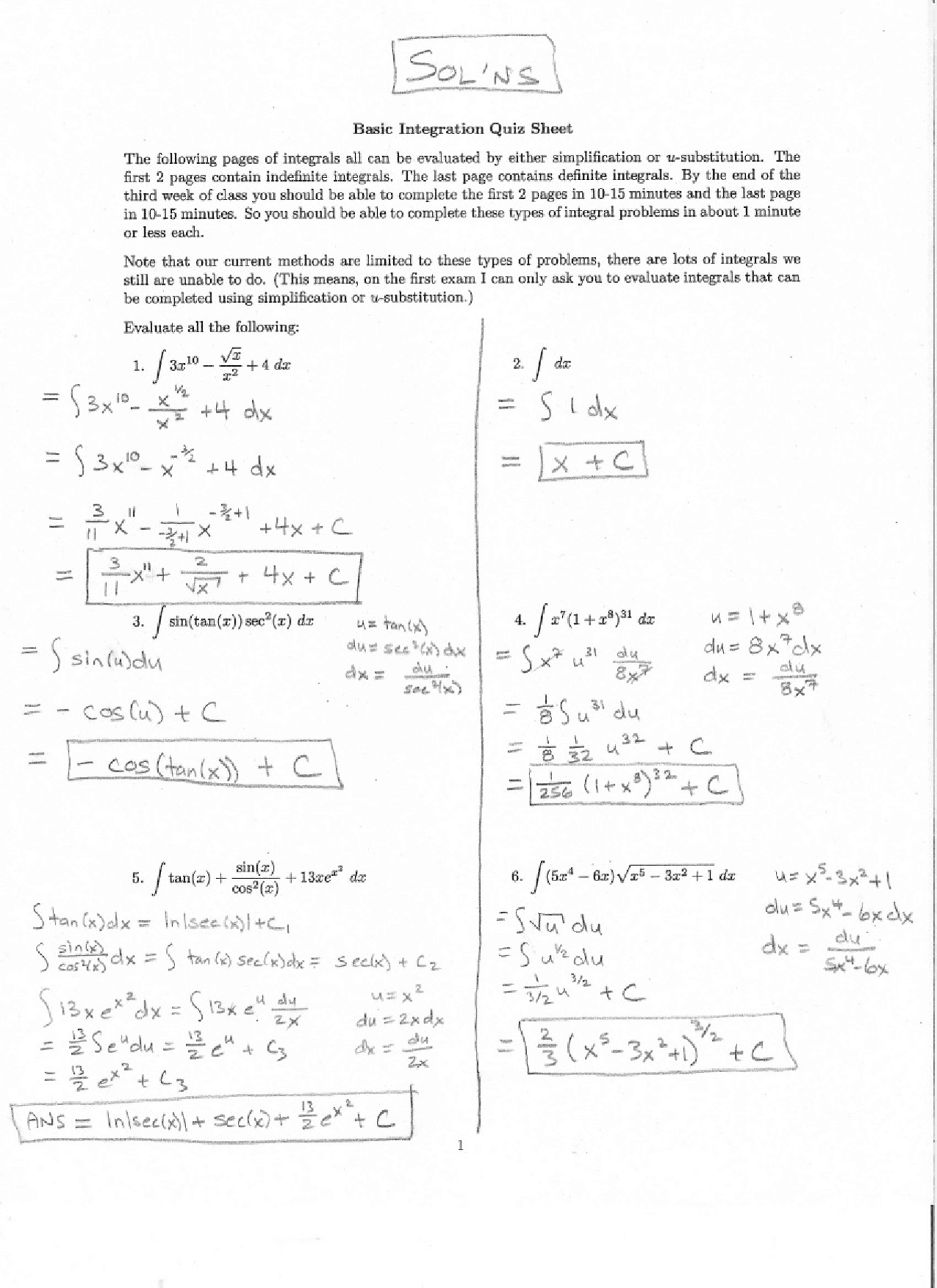Basic Integration Quiz Sheet Calculus And Analytic Geometry Ii Math