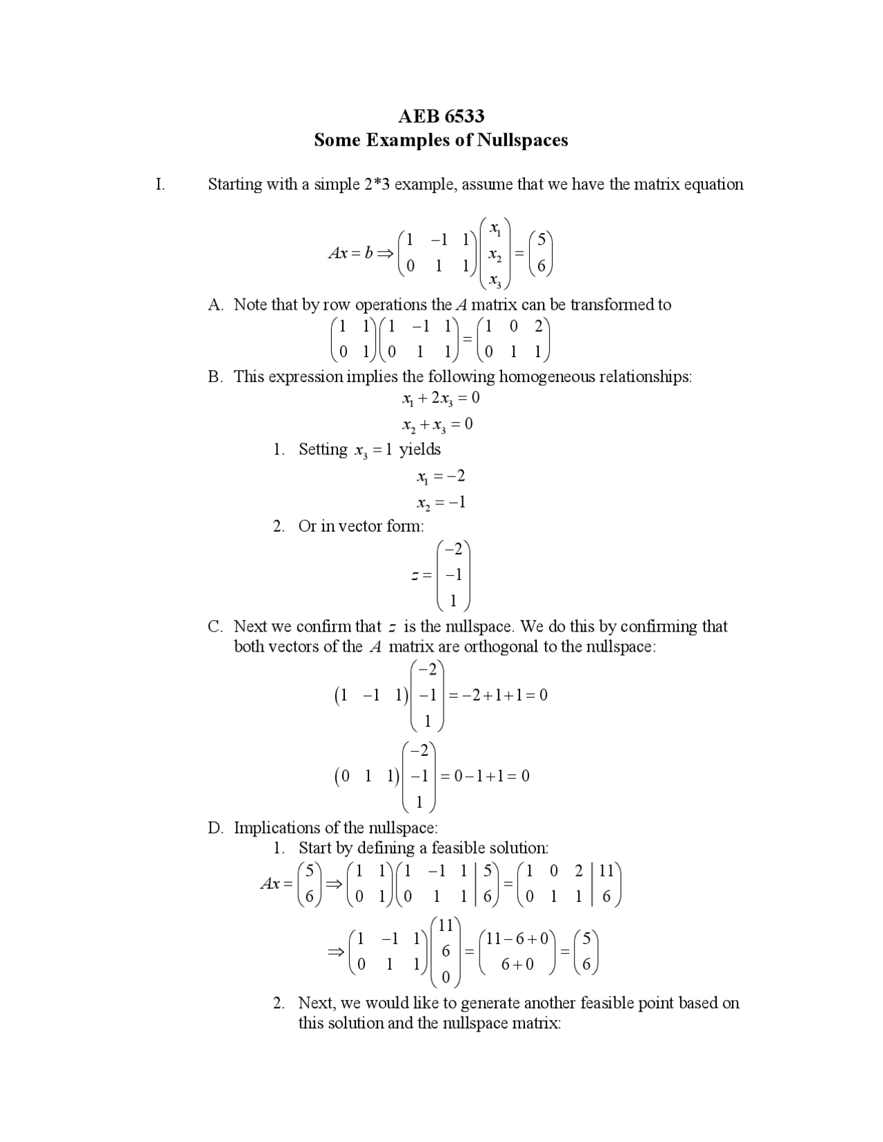Examples on Null Spaces - Static and Dynamic Optimization Models | AEB 6533 - Docsity