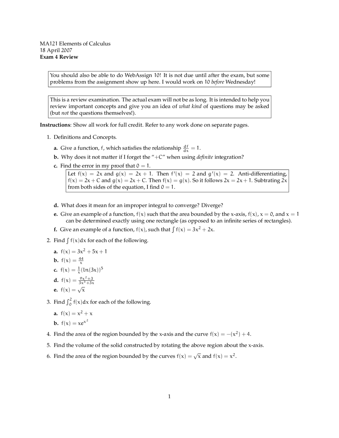 Exam 4 Review Sheet Elements Of Calculus Ma 121 Docsity