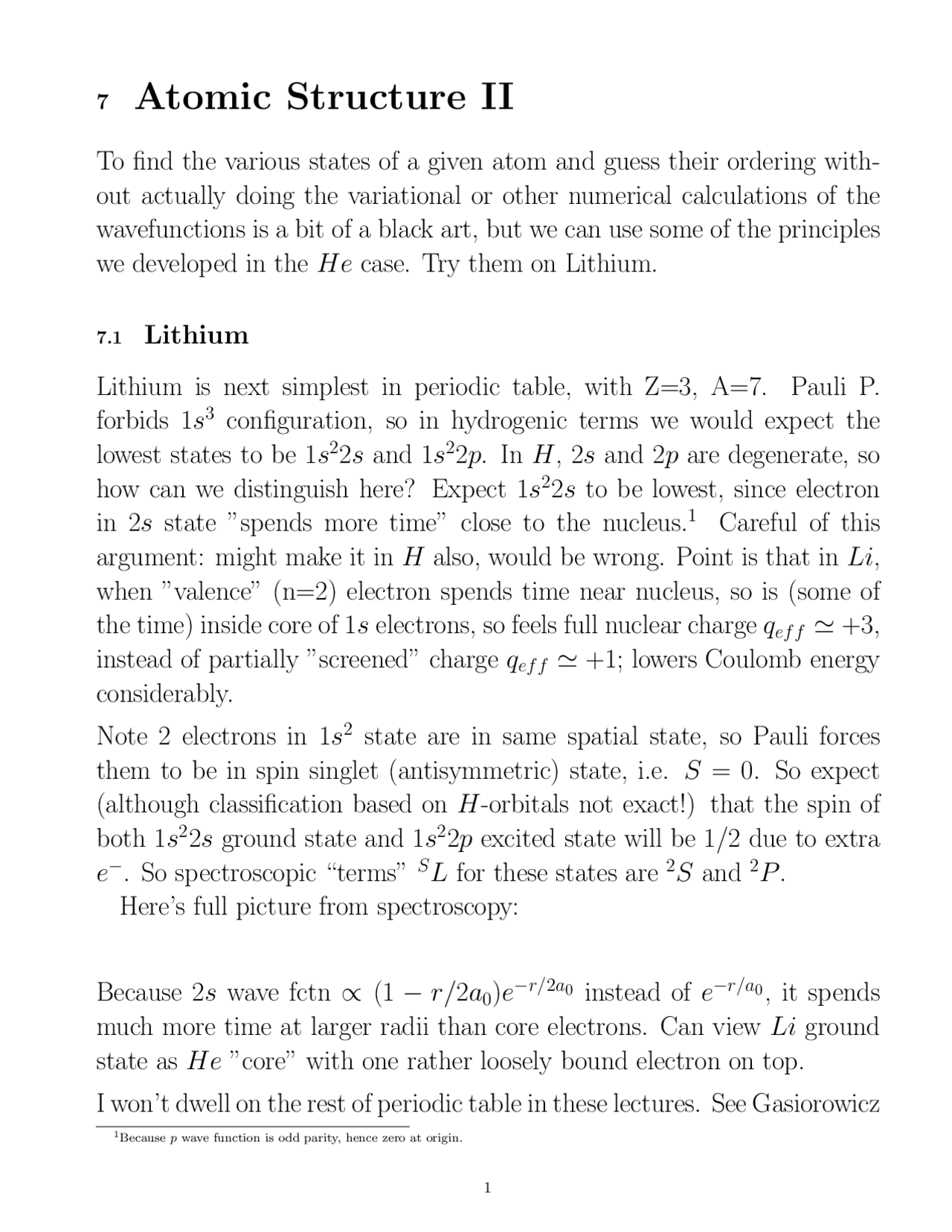 Handout Notes on Atomic Structure II | PHY 4605 - Docsity