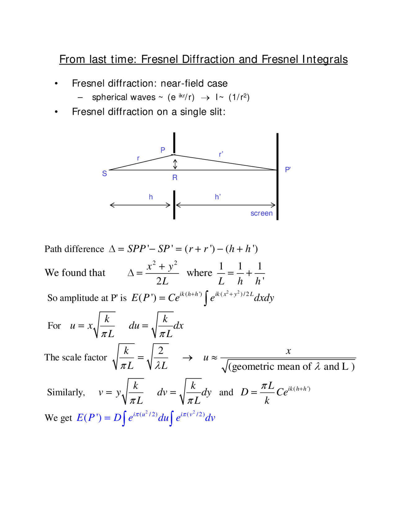 Fresnel Diffraction And Fresnel Integrals Lecture Slides Phys 545