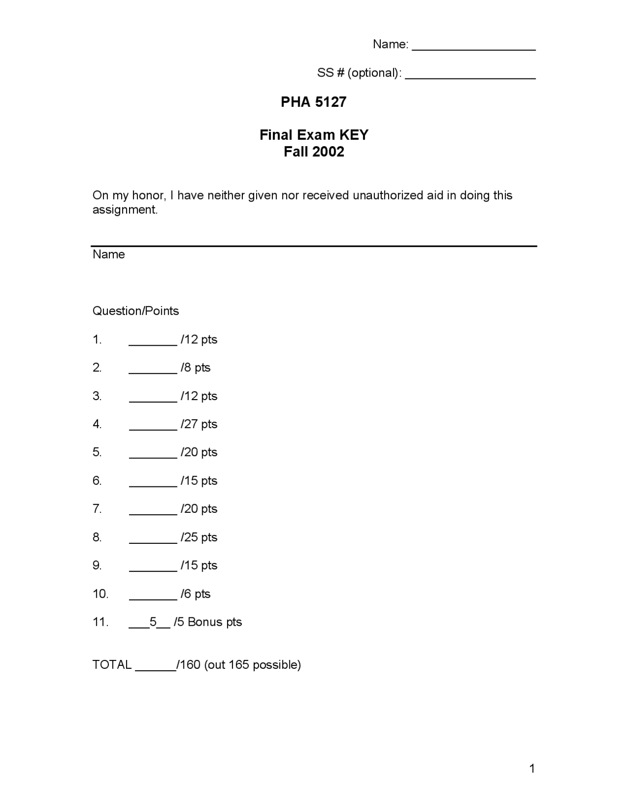 Dose Optimization I Final Exam Key 2002 Pha 5127 Docsity