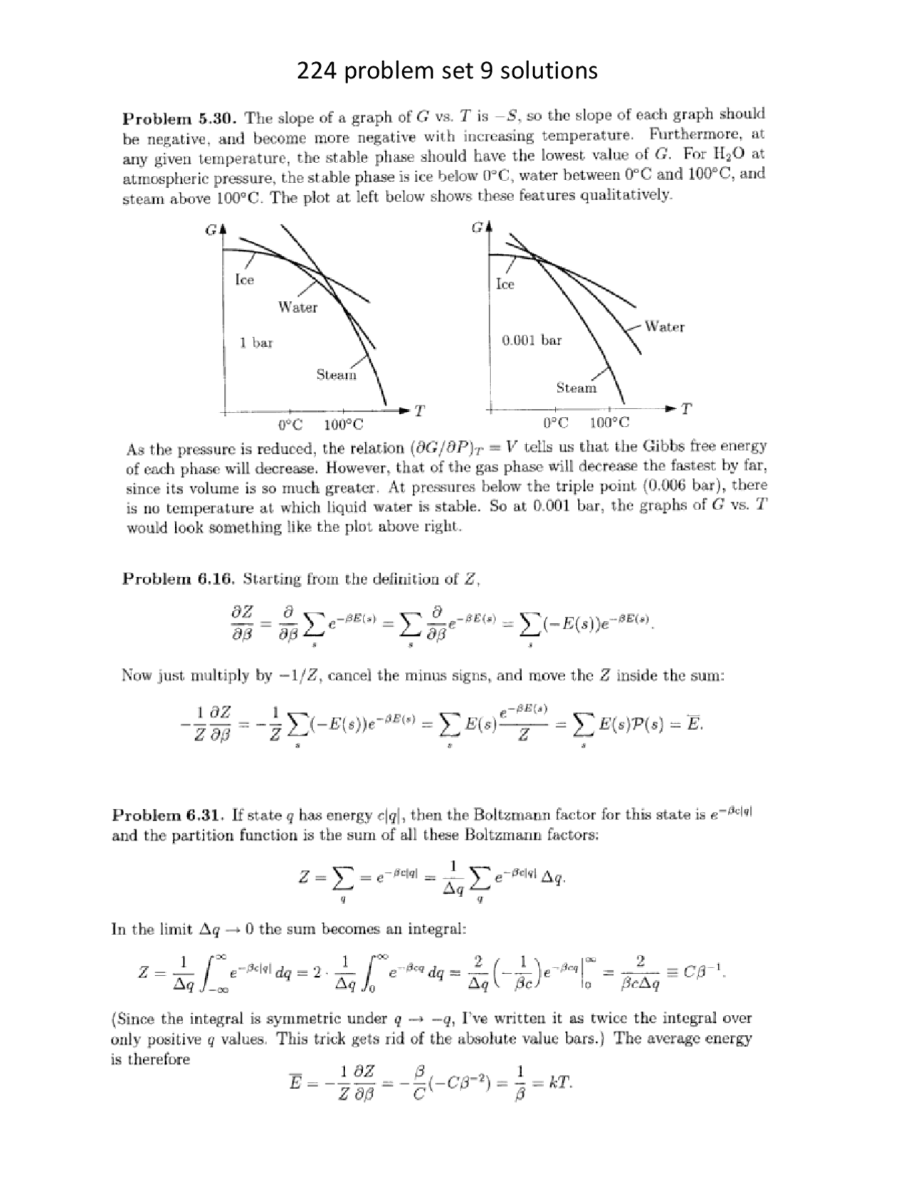 Problem Set 9 Solutions For Thermal Physics Phys 224 Docsity