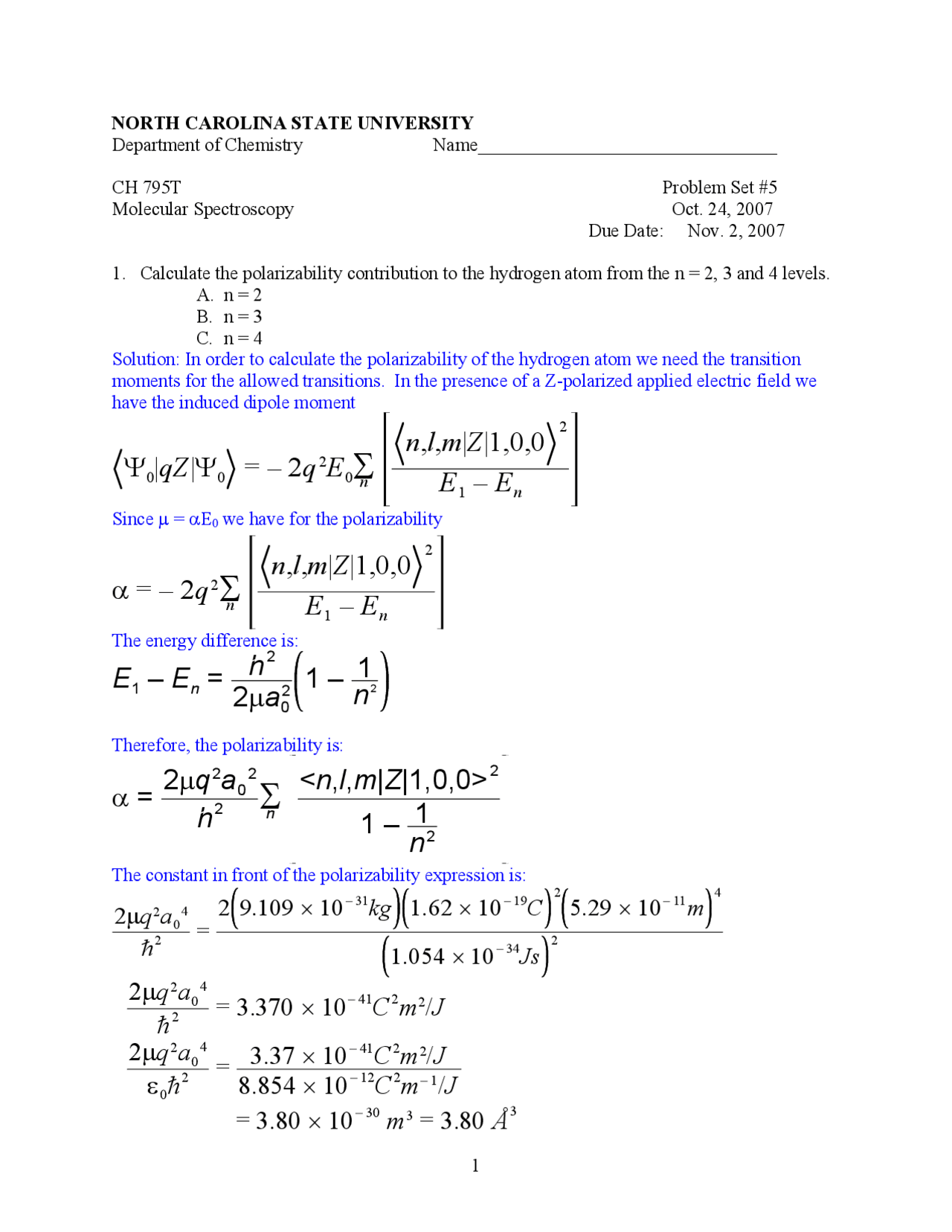 Problem Set 5 With Solutions Molecular Spectroscopy Ch 795a Docsity