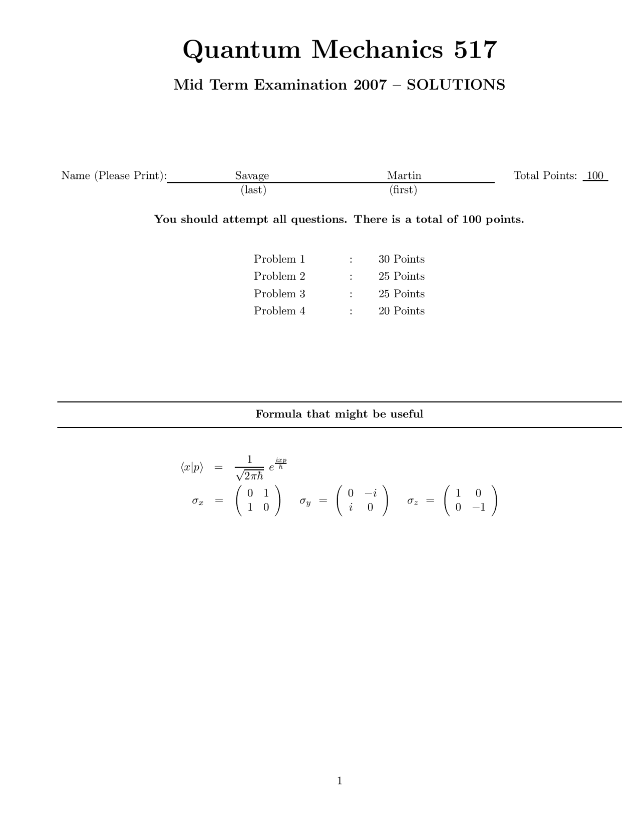 Midterm Exam Solutions - Quantum Mechanics | PHYS 517 - Docsity