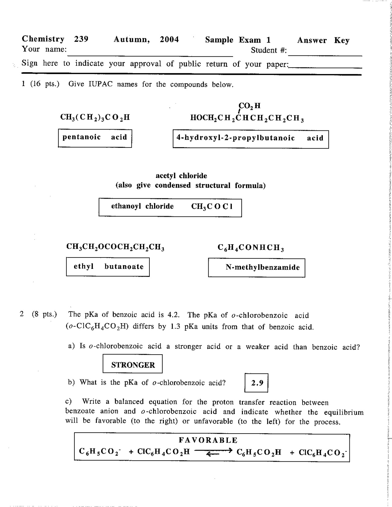 Sample Exam 1 on Organic Chemistry with Answer Key | CHEM 239 - Docsity