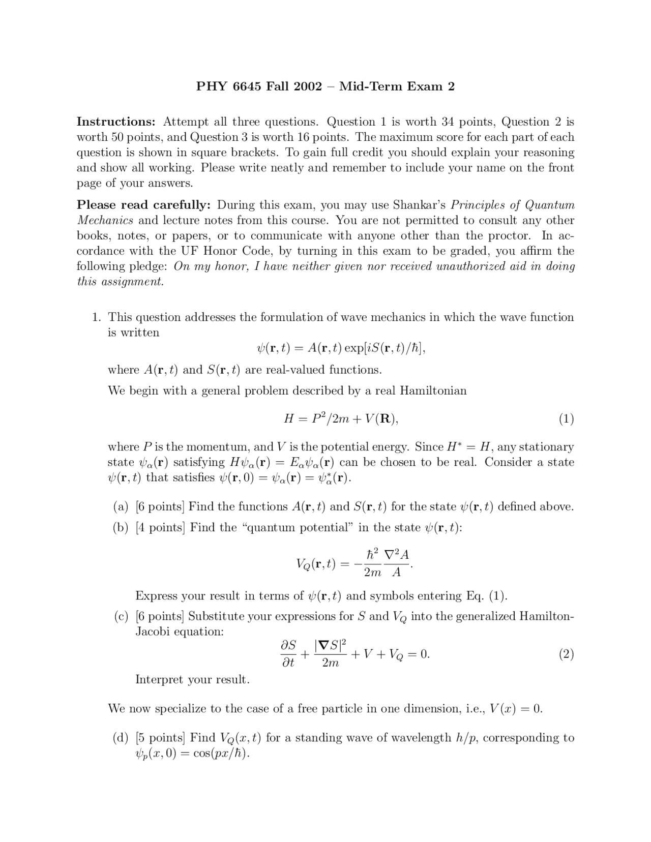 Midterm Exam 2 Questions - Quantum Mechanics I | PHY 6645 - Docsity