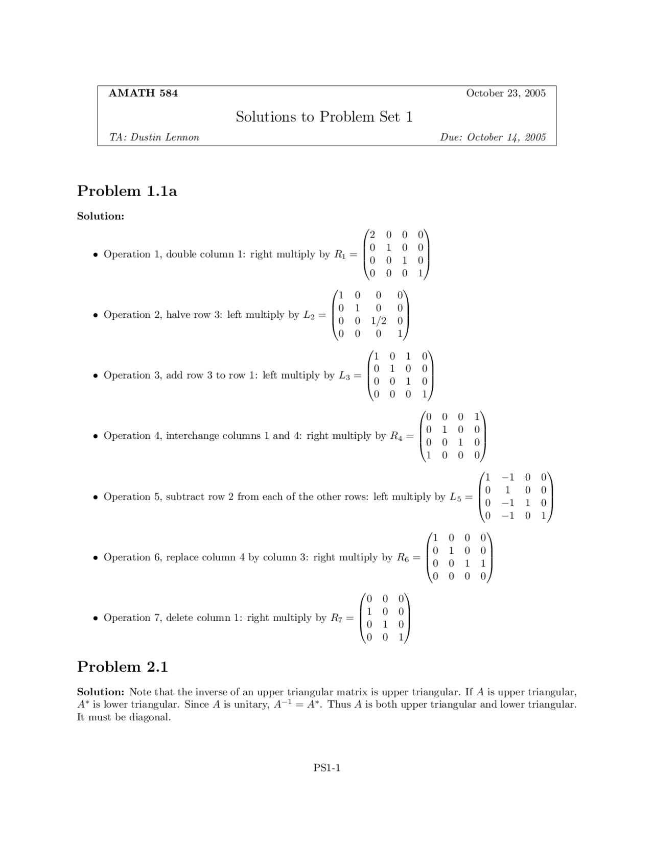 Solutions To Problem Set 1 Applications Of Linear Algebra Amath 584