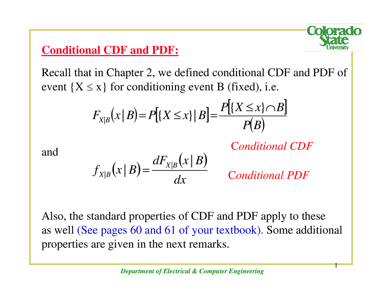Conditional CDF and PDF - Lecture Slides | ECE 303 - Docsity