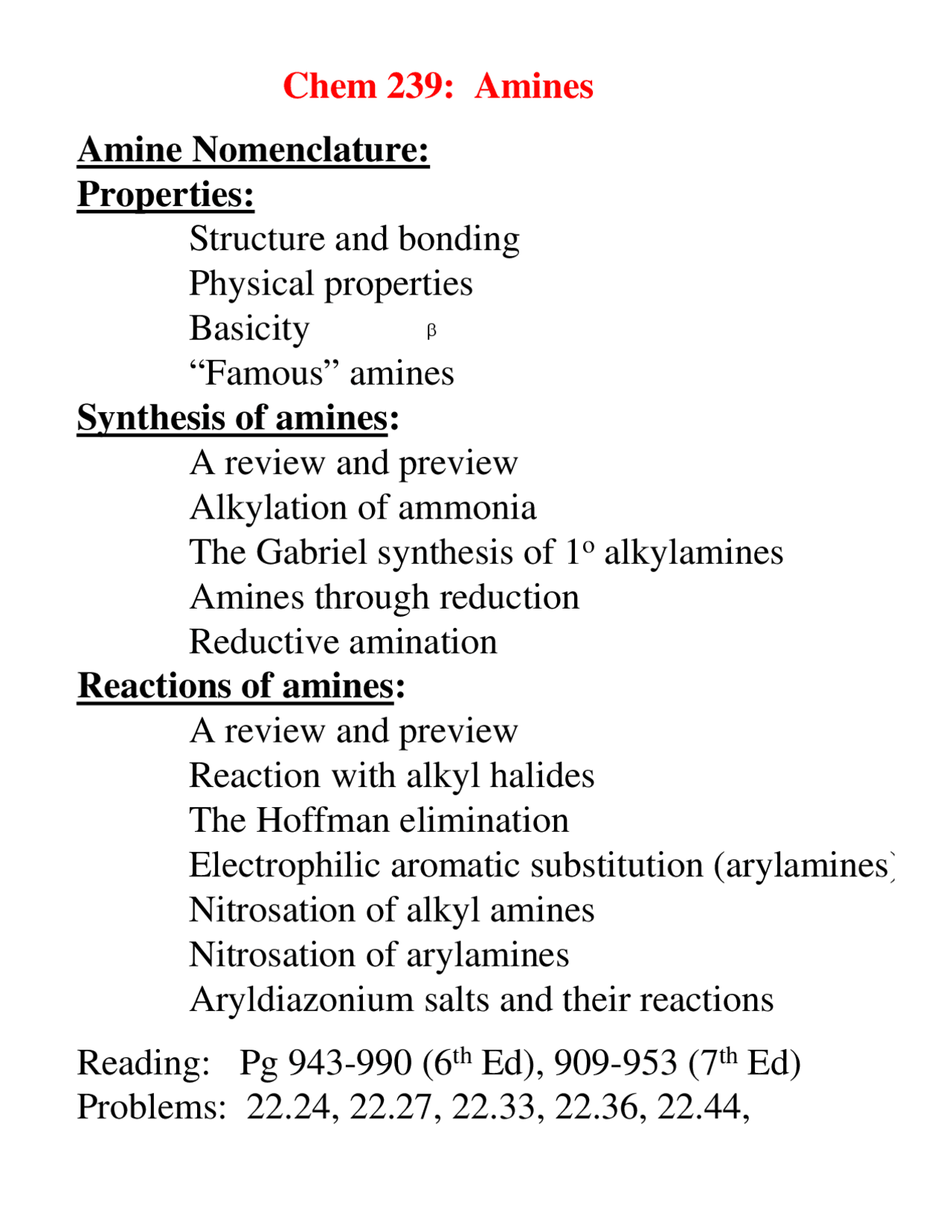 Lecture Notes On Amines Organic Chemistry Chem 239 Docsity